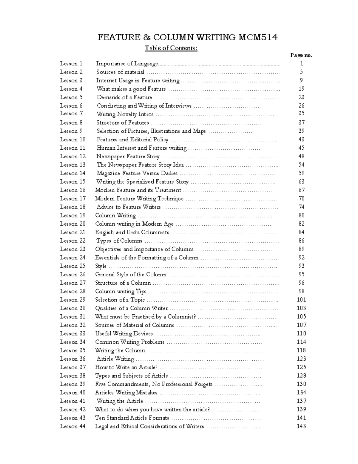 Feature & Column Writing - MCM514 Handouts - Table of Contents: FEATURE ...