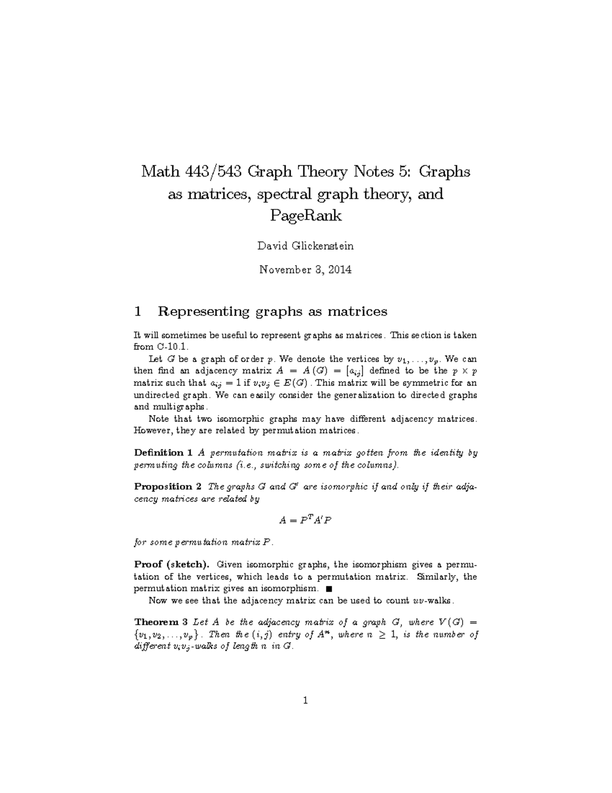 Math Graph Theory Notes 5: Graphs as matrices spectral graph theory and ...