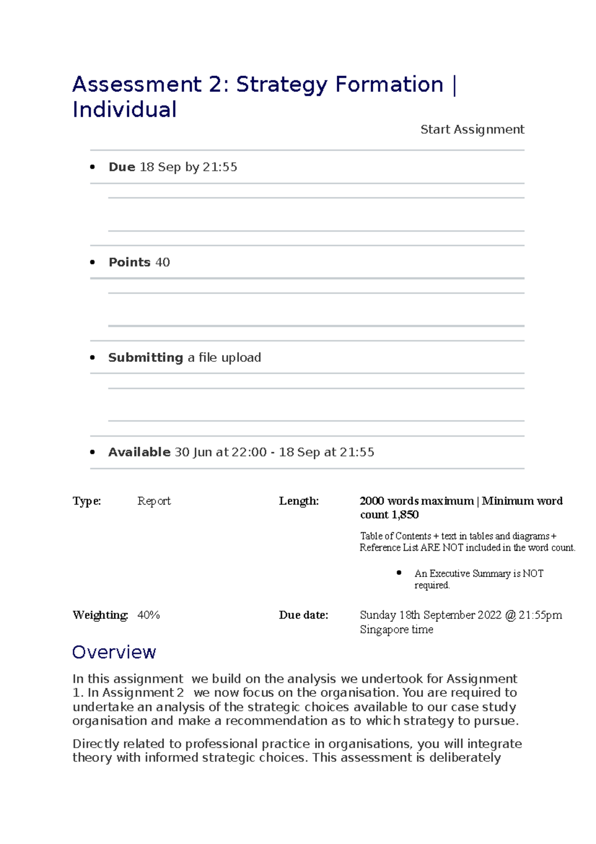 Strategy assingnment 2 instructions - Assessment 2: Strategy Formation ...