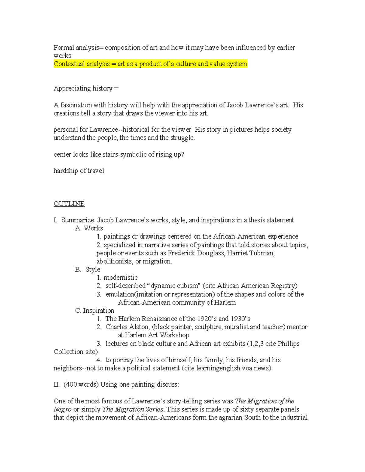 College Summer School Art Appreciation Jacob Lawrence Essay - Formal ...