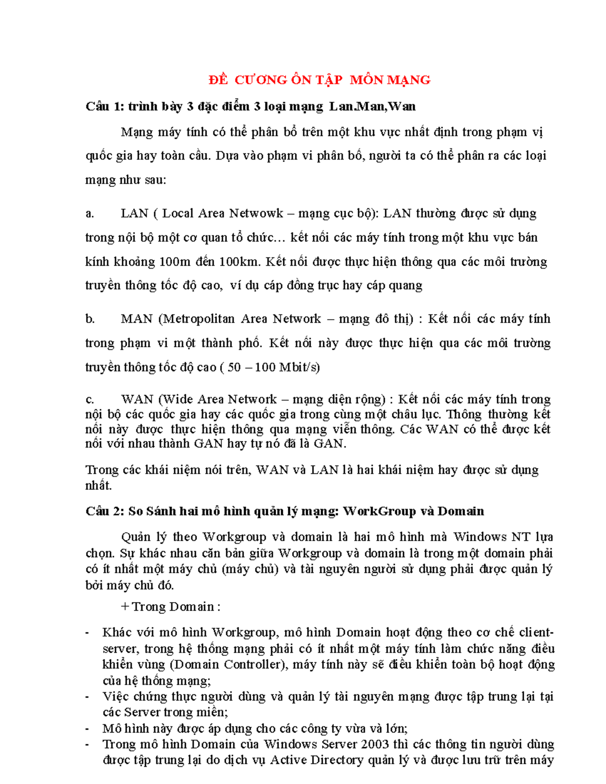 ĐỀ CƯƠNG ÔN TẬP MÔN MẠNG - de cuong on tap mon mang - ĐỀ CƯƠNG ÔN TẬP ...