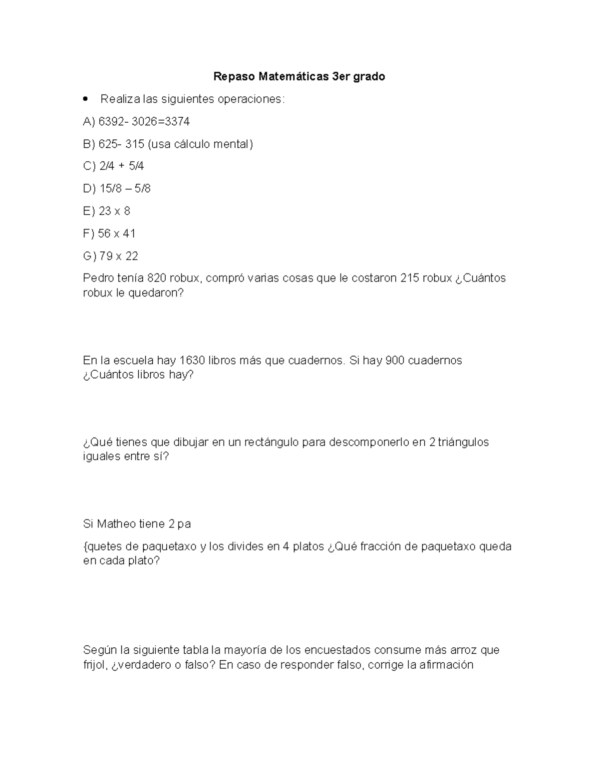 Repaso Matemáticas 3er grado - Repaso Matemáticas 3er grado Realiza las ...