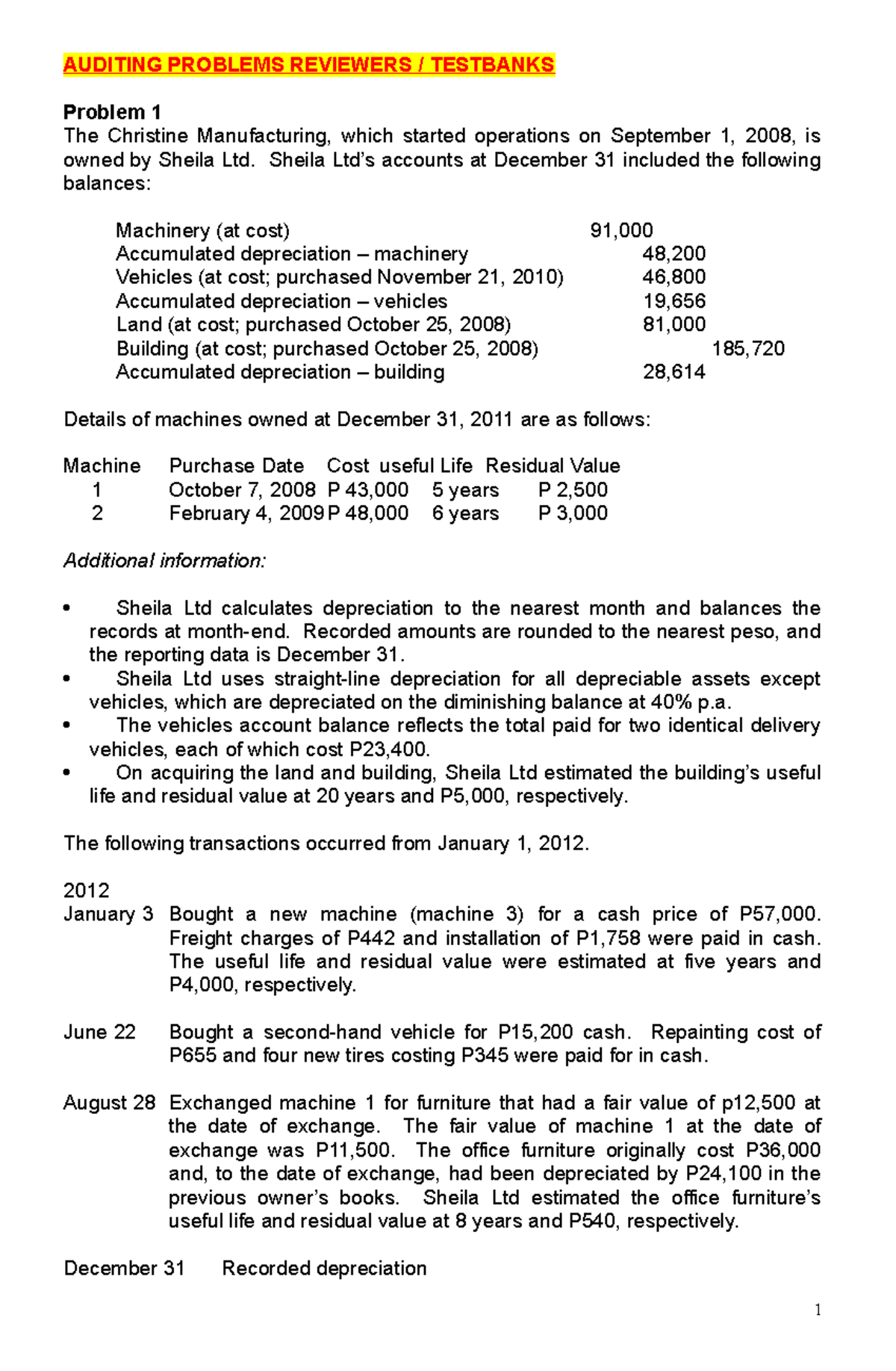Auditing Problems - AUDITING PROBLEMS REVIEWERS / TESTBANKS Problem 1 ...