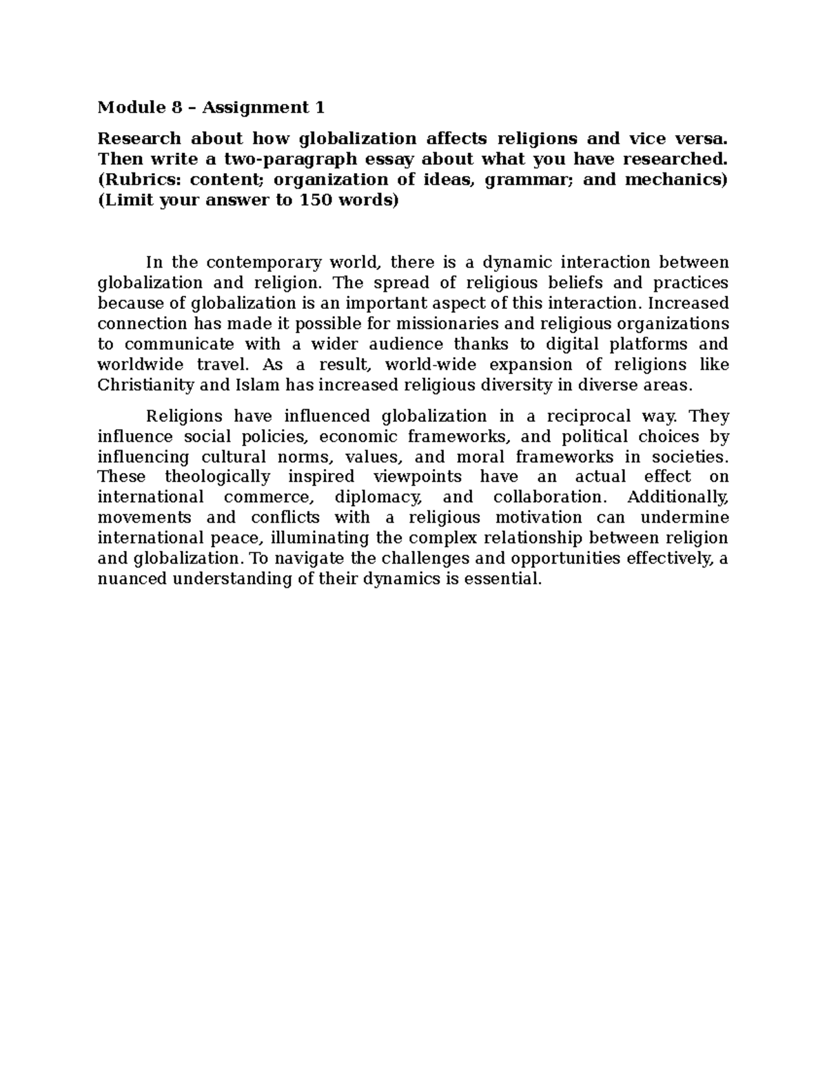 Assignment 3-Globalization of Religion - Module 8 – Assignment 1 Research about how ...