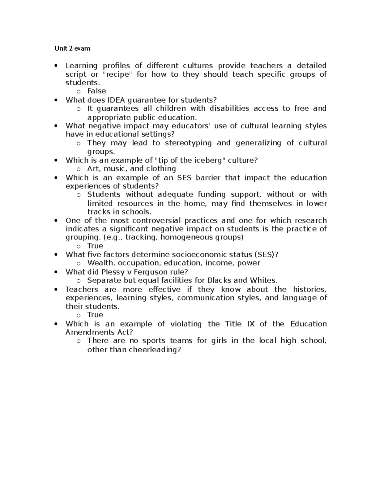 Unit 2 exam - multi ed - Unit 2 exam Learning profiles of different ...