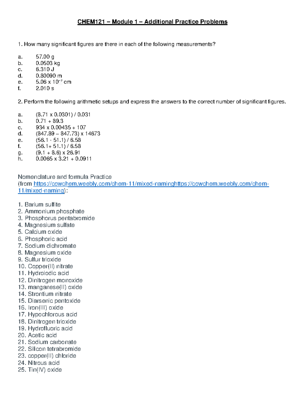 Chem121 Module 1 Additional Practice Problems Chem1 21 Module 1