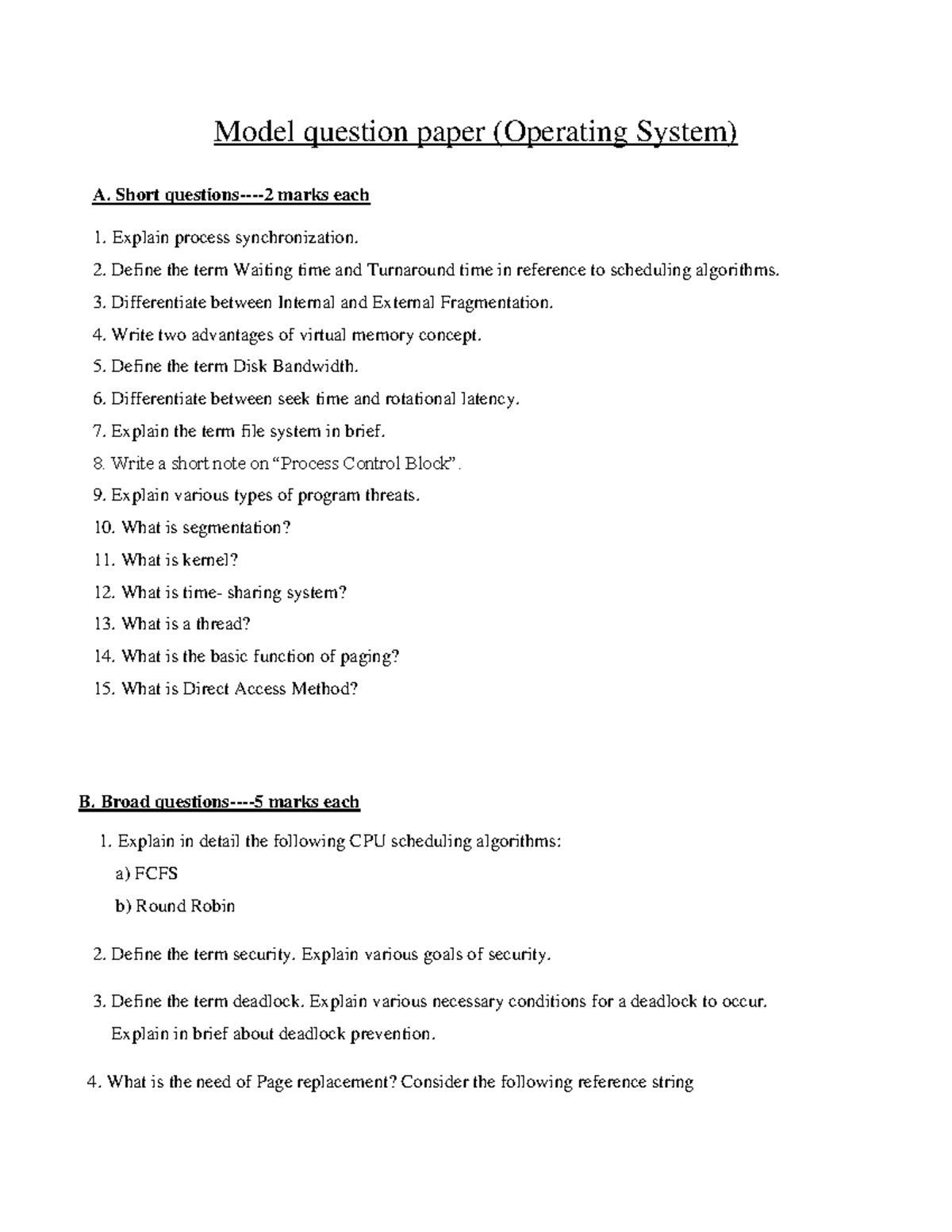 11563277687 - Question paper - Model question paper (Operating System ...