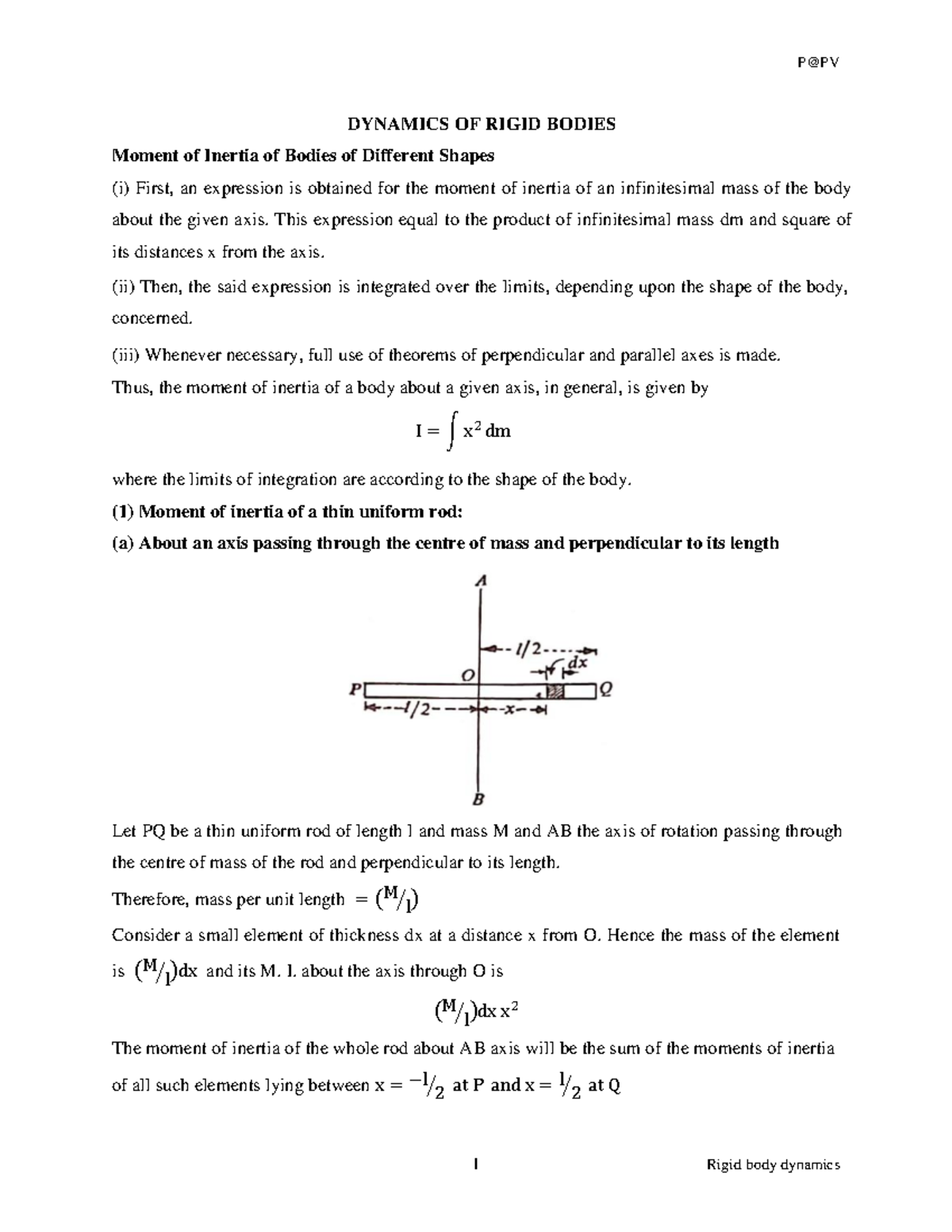 Rigid body class note - DYNAMICS OF RIGID BODIES Moment of Inertia of Bodies of Different Shapes ...