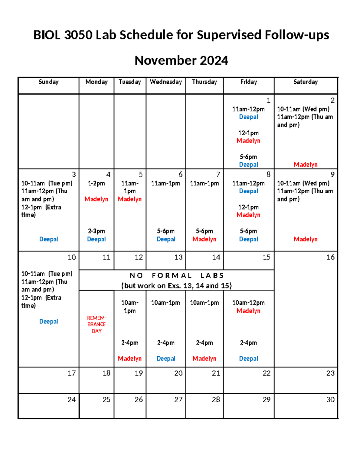 BIOL 3050 November 2024 Lab Schedule for Supervised Follow-ups - BIOL ...