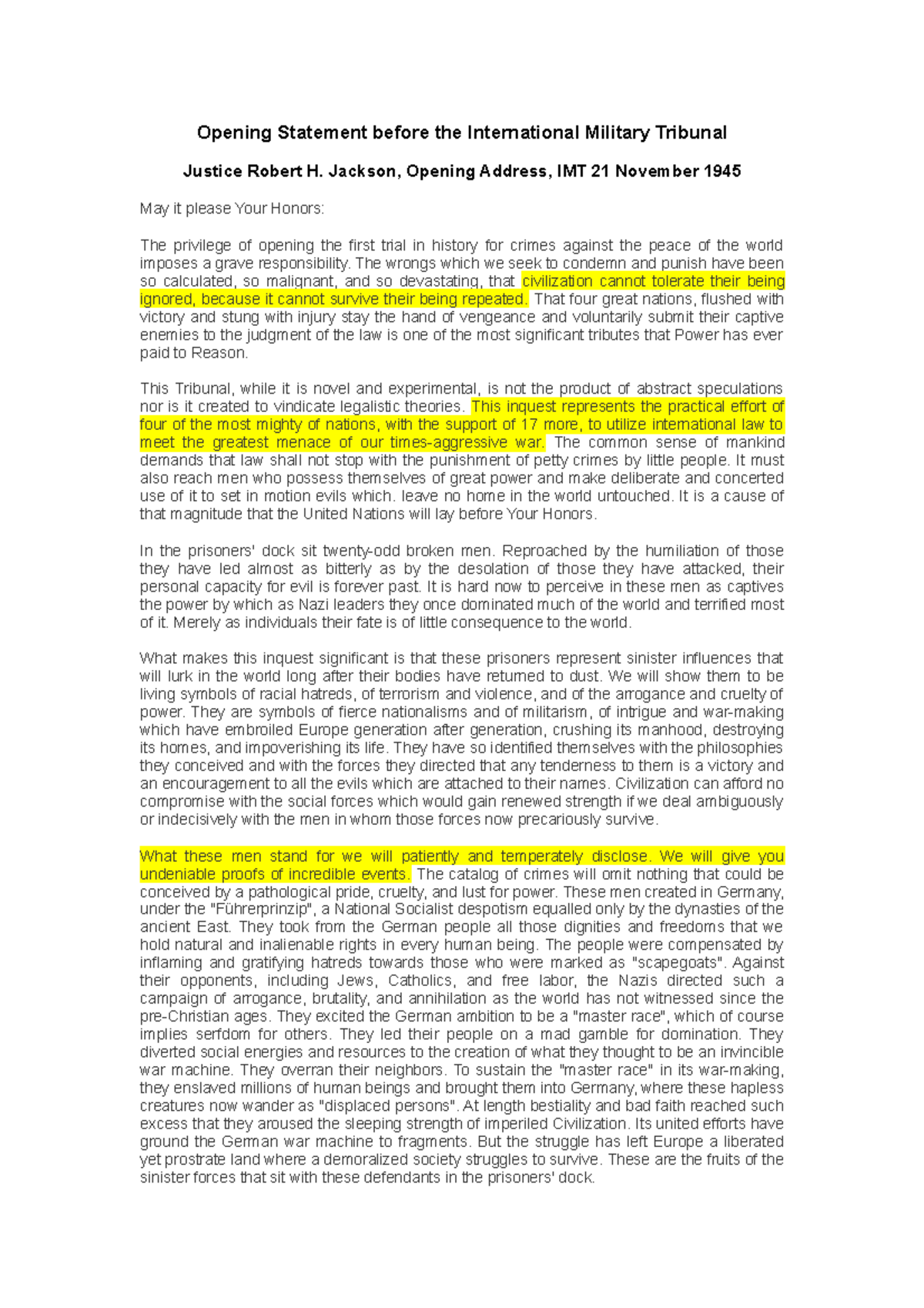 Opening Statement before the International Military Tribunal - Jackson ...