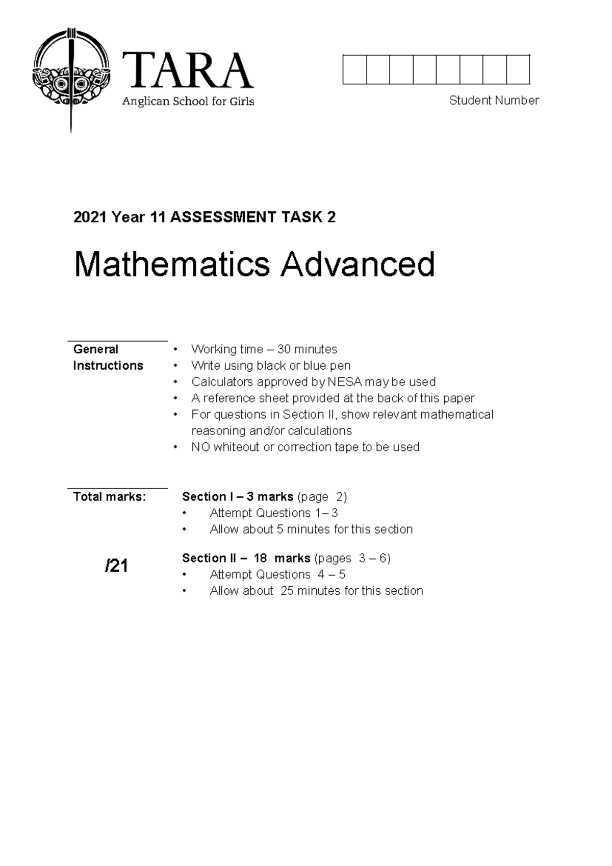 2021 y11 mat adv t2 exam - N/A - Student Number 2021 Year 11 ASSESSMENT ...