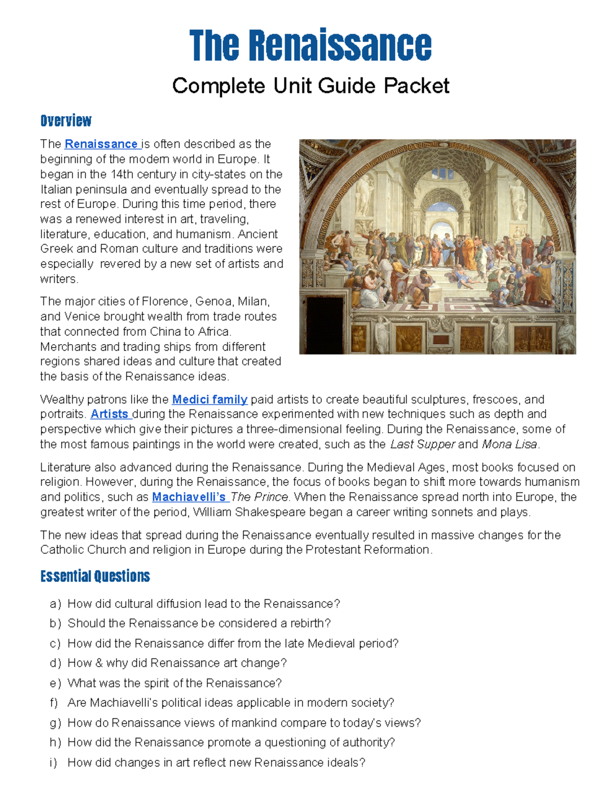 Reformation Online Packet - The Renaissance Complete Unit Guide Packet ...