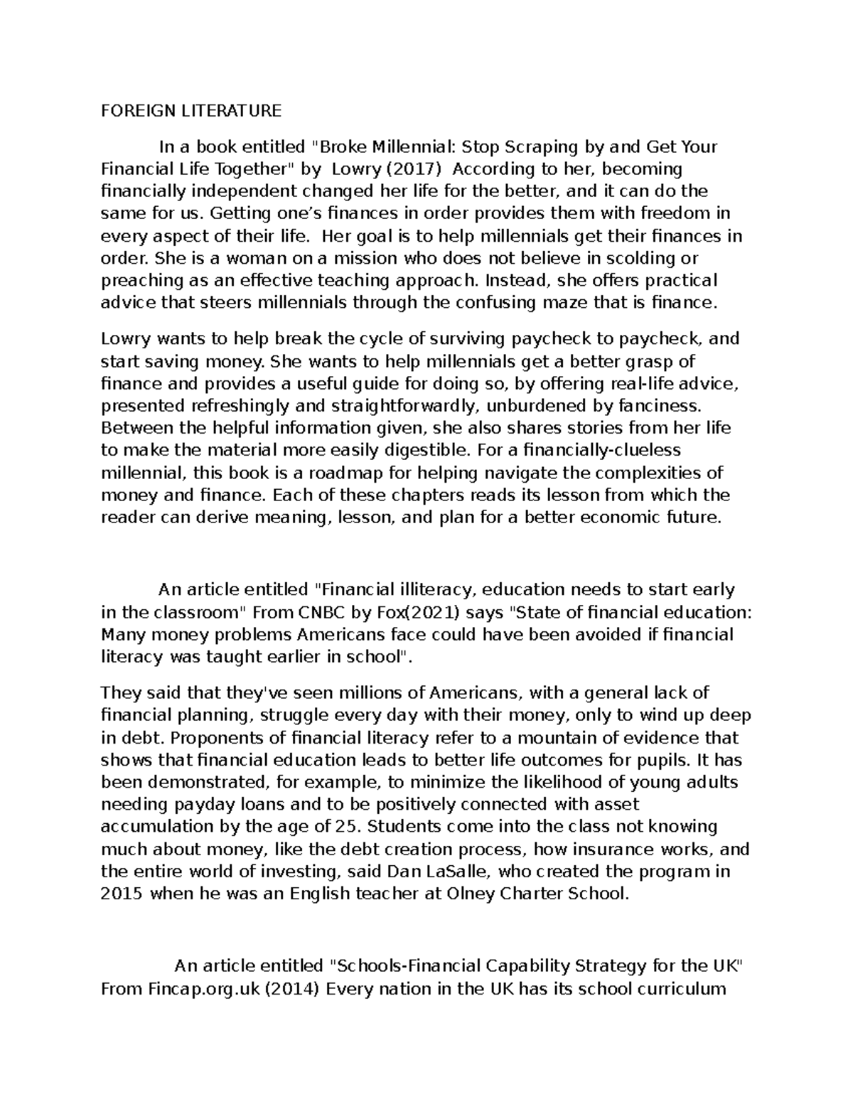 FOREIGN LITERATURE ABOUT FINANCIAL EDUCATION - FOREIGN LITERATURE In a ...