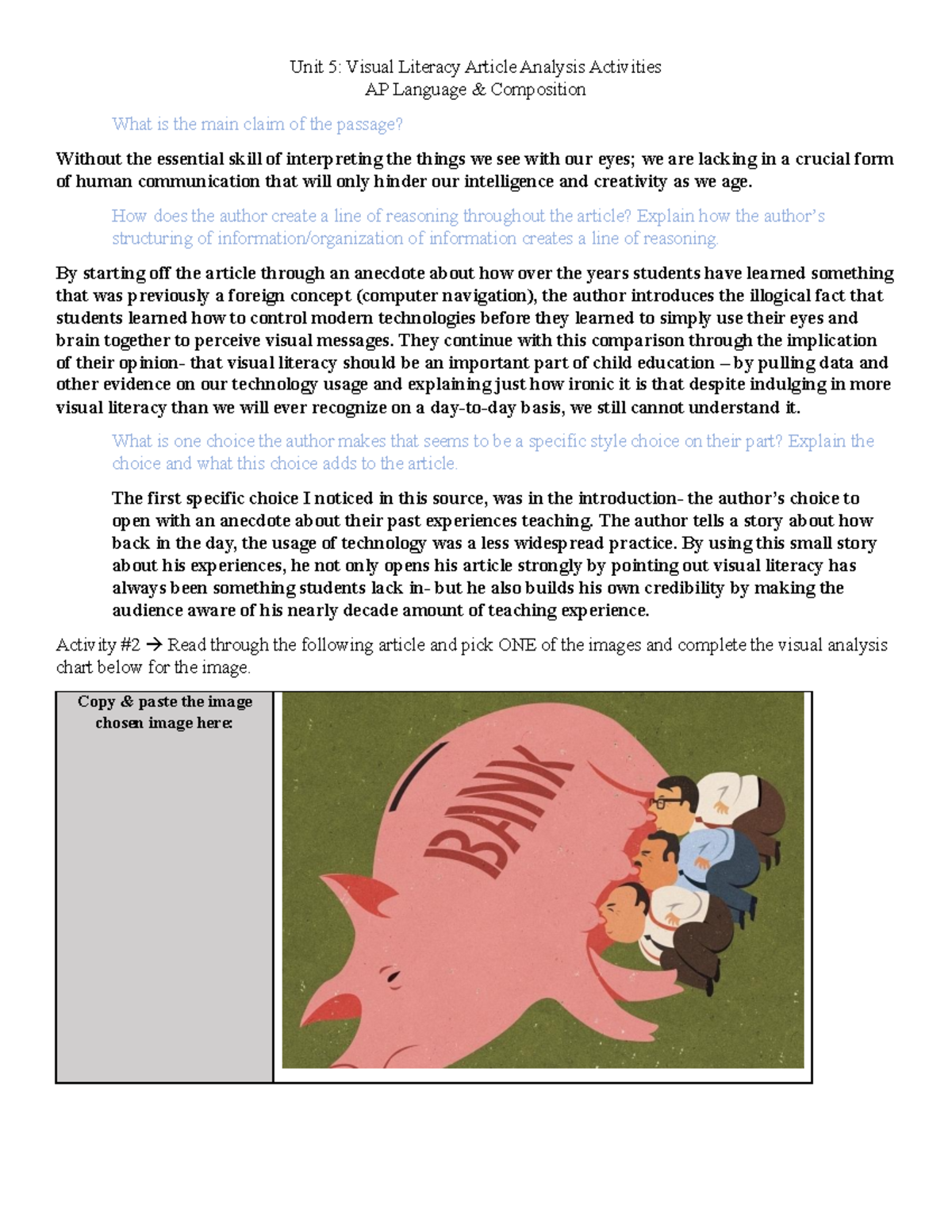 Unit 5 Activities for Visual Analysis - Unit 5: Visual Literacy Article ...