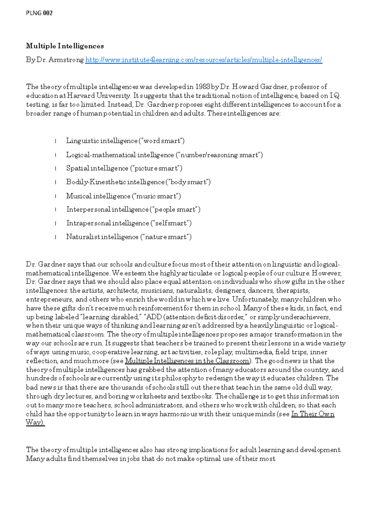 Multiple Intelligences - PLNG 002 Multiple Intelligences By Dr. Armstrong - Studocu
