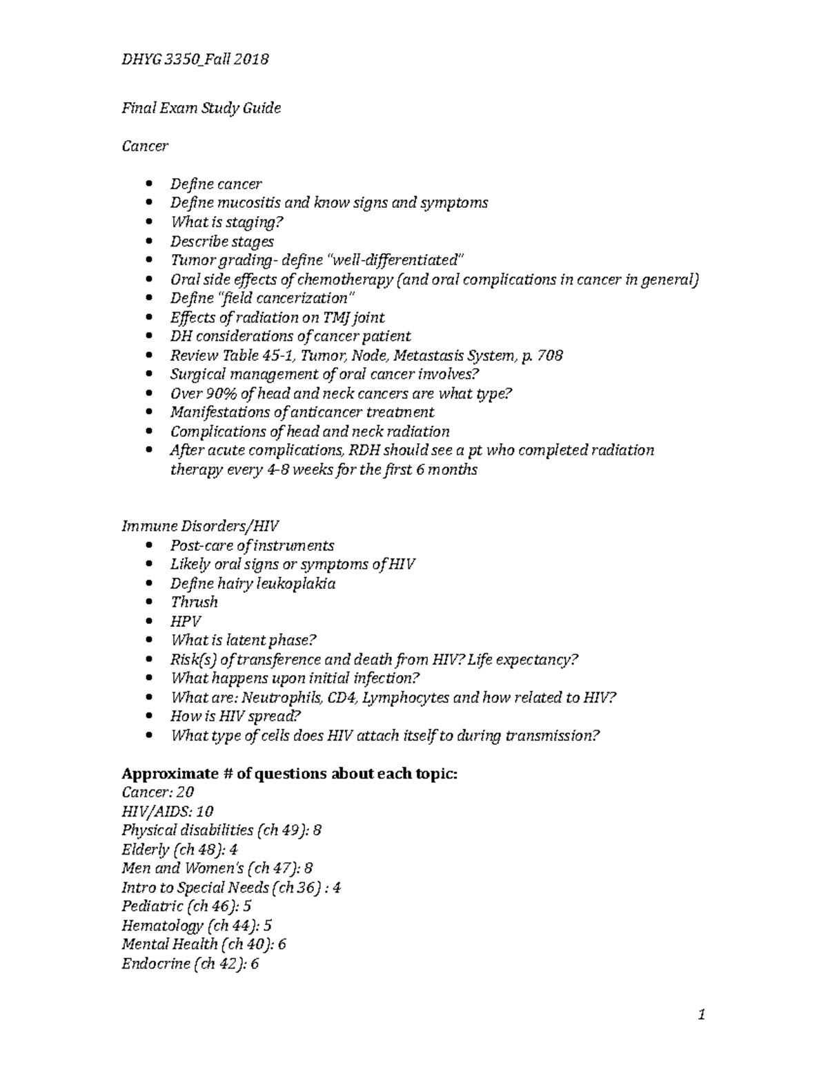Final Exam Study Guide DHYG 3350 2018 - DHYG 3350_Fall 2018 Final Exam ...