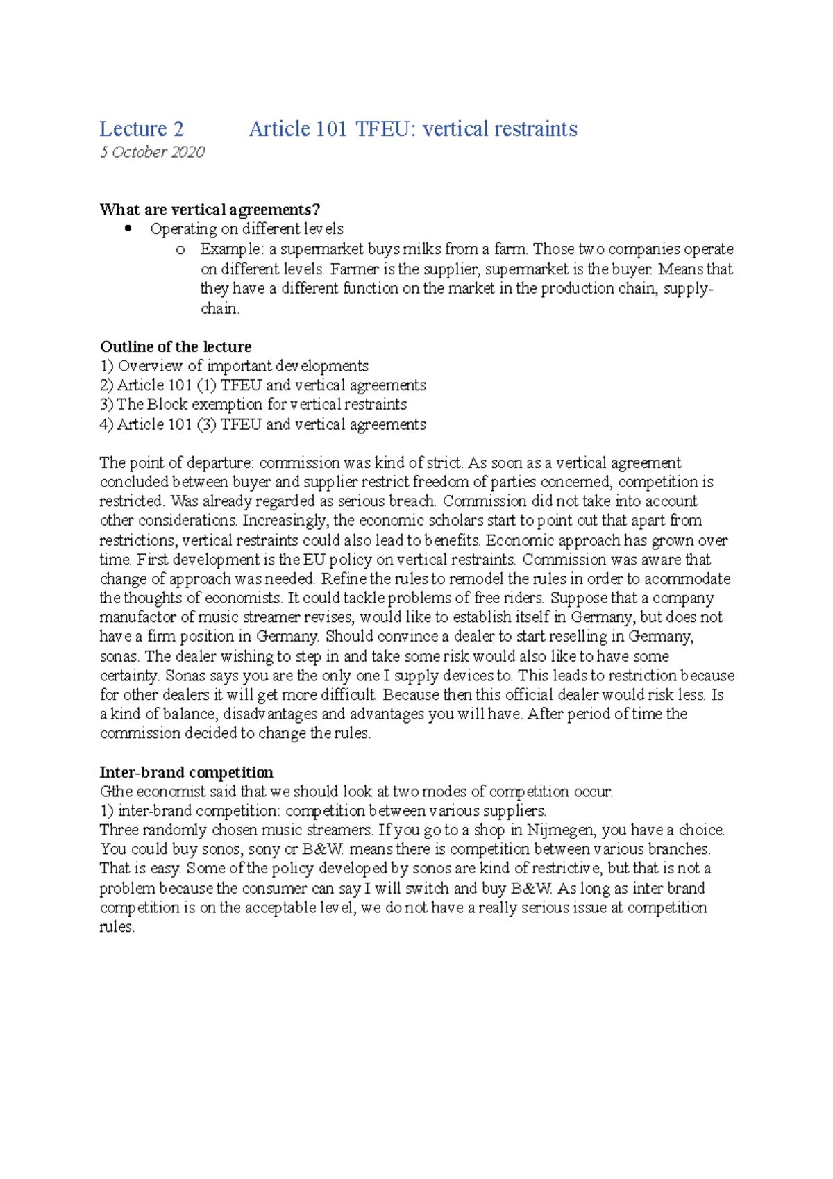Lecture 2 Article 101 TFEU - Lecture 2 Article 101 TFEU: vertical restraints 5 October 2020 What ...