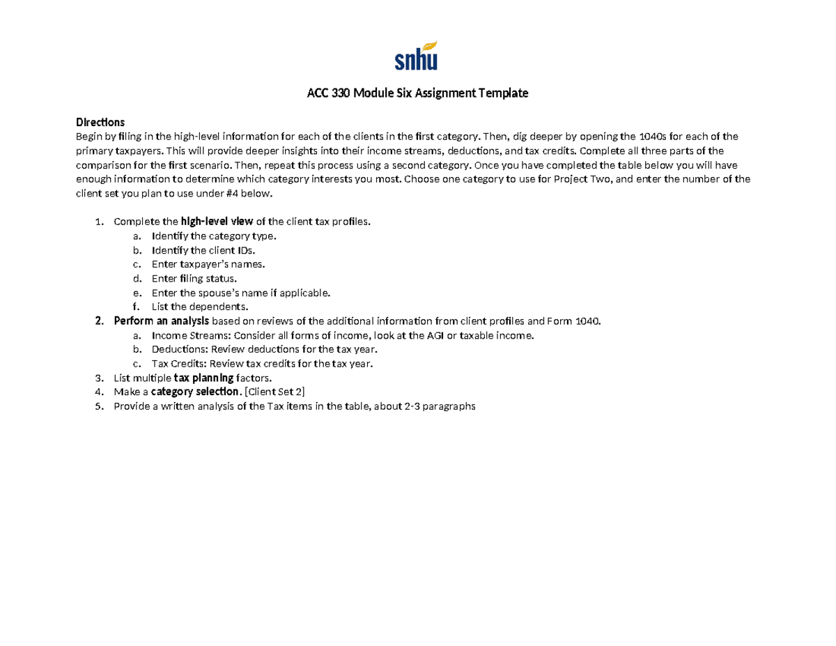 ACC 330 Module Six Assignment - Then, dig deeper by opening the 1040s ...