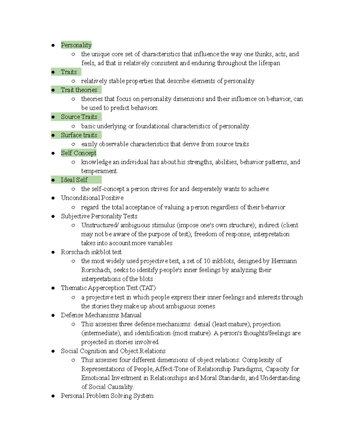 Chapter 11 Personality - Personality the unique core set of ...