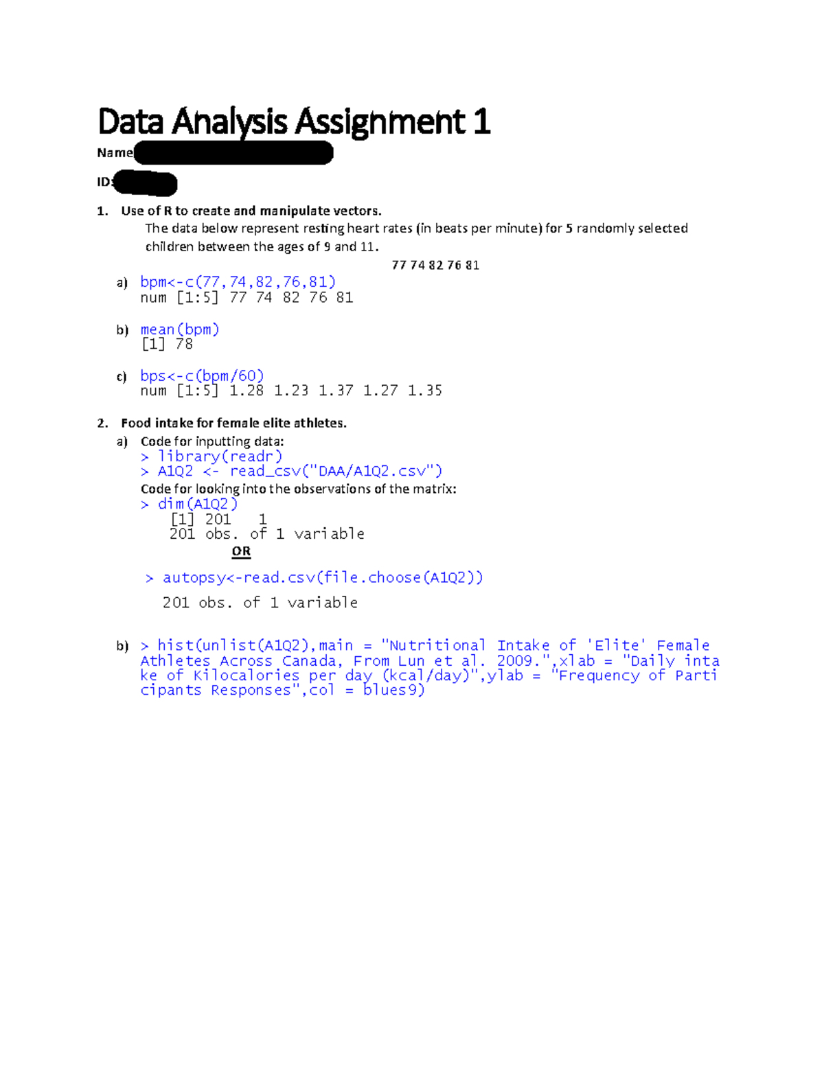 Blacked - Data Analysis Assignment I - completed PDF VER. - Data Analysis Assignment 1 Name ...