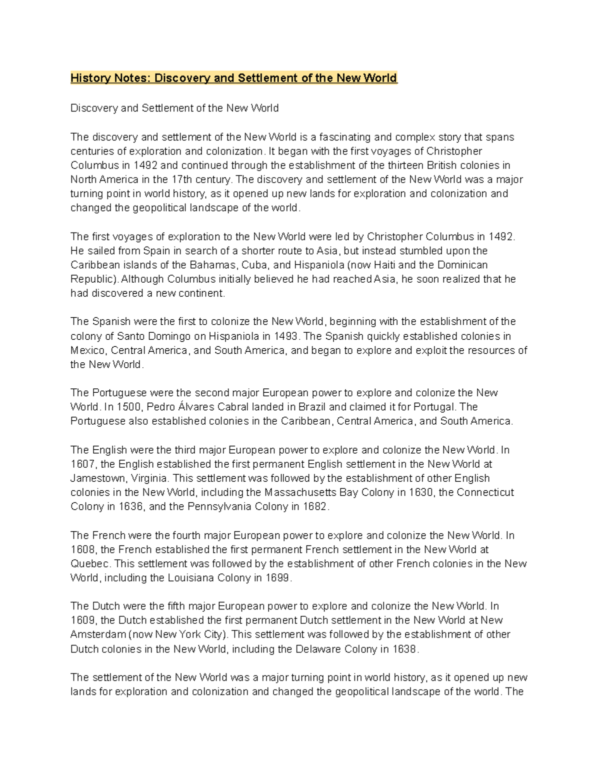 History AP - History Notes: Discovery and Settlement of the New World ...