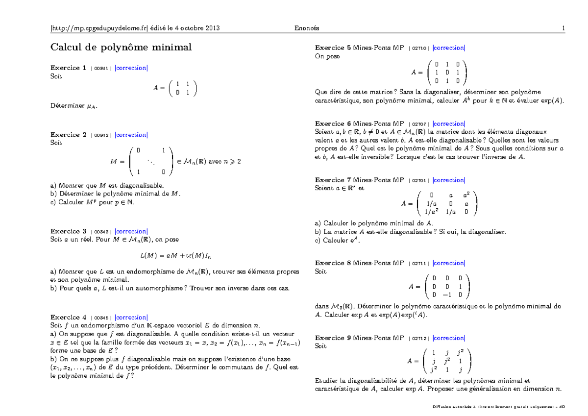Réduction des endomorphismes - Calcul de polynôme minimal - [mp ...