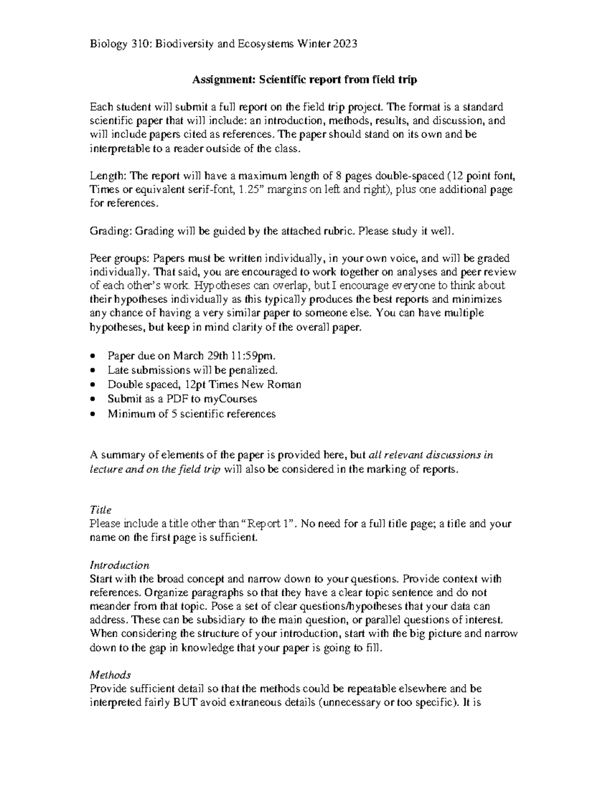 Report Assignment 2023 - Biology 310: Biodiversity and Ecosystems ...