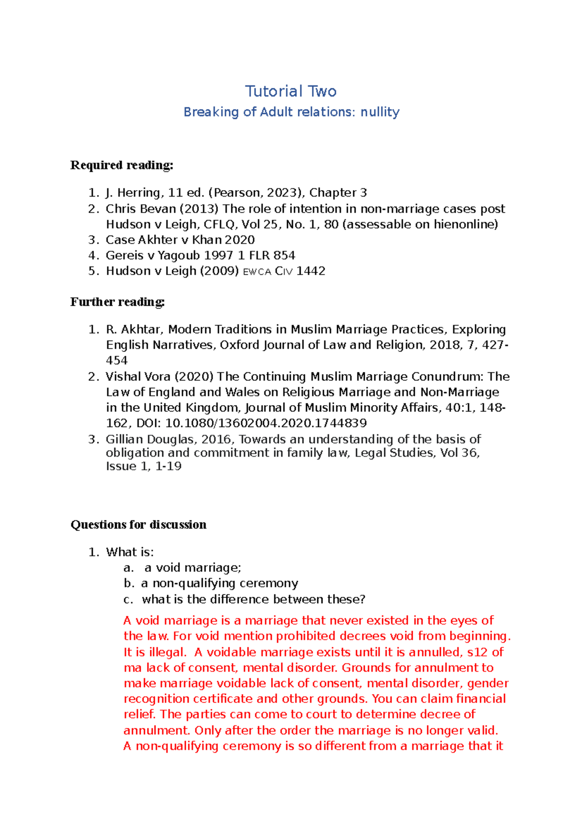 Family Tutorial 2 - Tutorial Two Breaking of Adult relations: nullity Required reading: 1. J ...