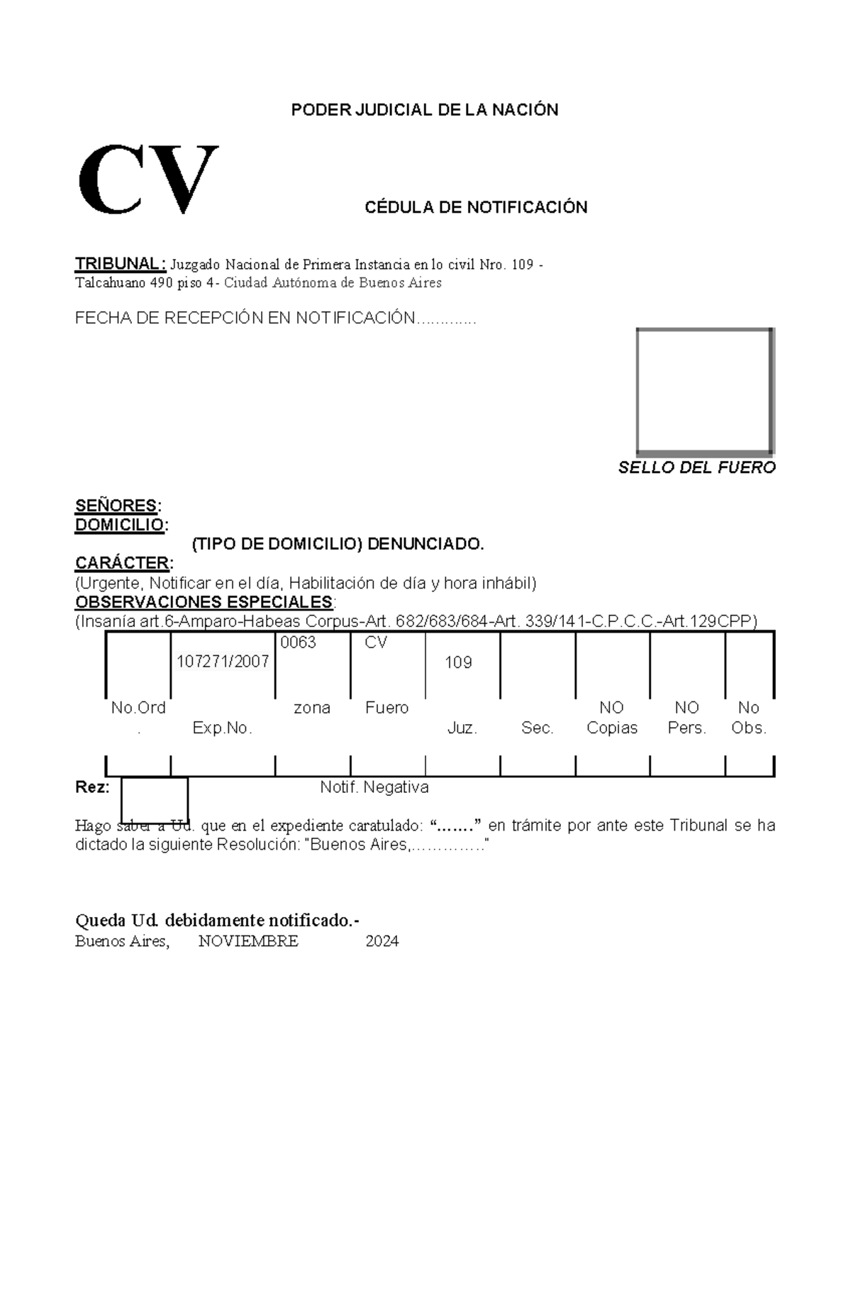 Cedula Modelo Civil - PODER JUDICIAL DE LA NACIÓN CV CÉDULA DE ...
