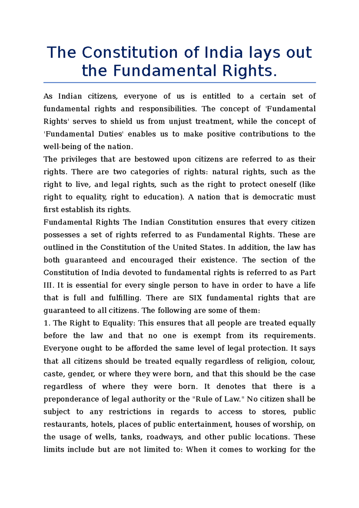 The Constitution of India lays out the Fundamental Rights - As Indian ...