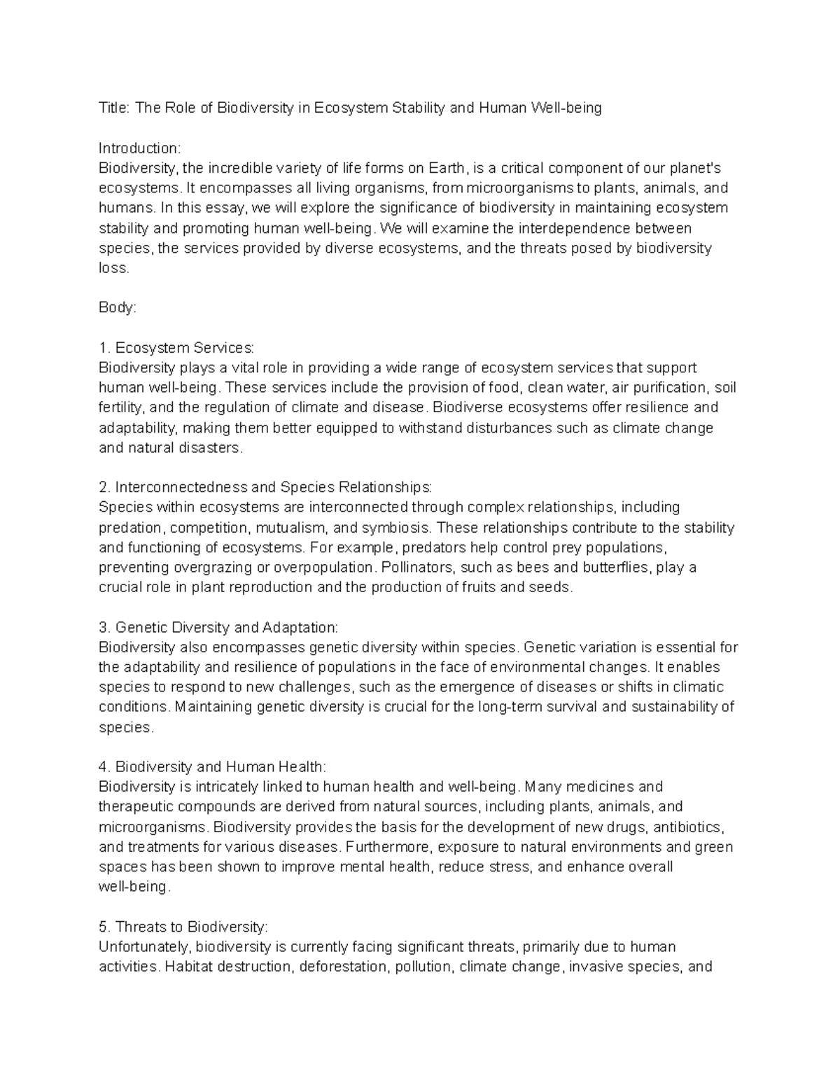 Title The Role of Biodiversity in Ecosystem Stability and Human Well ...