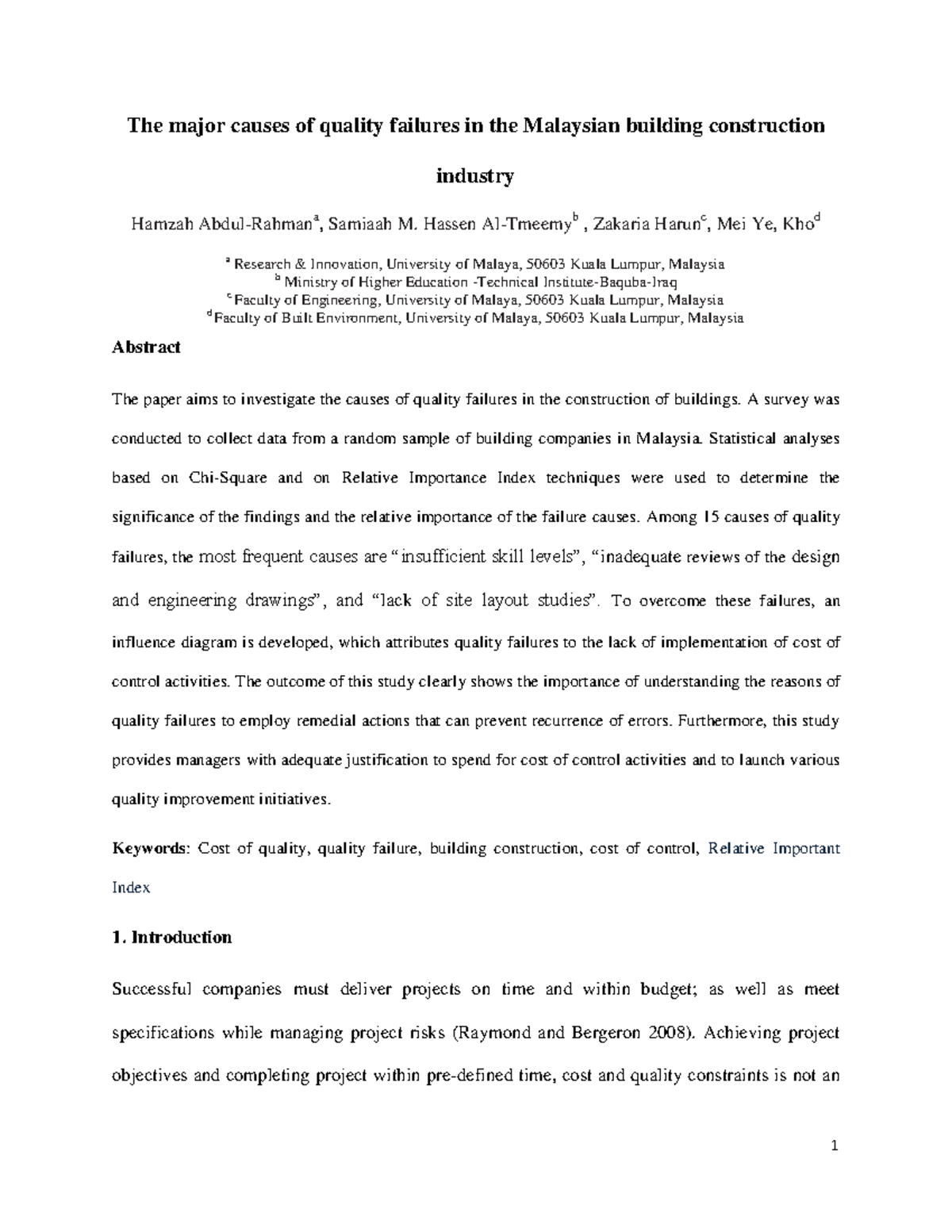 Tugas 14 - The major causes of quality failures in the Malaysian ...