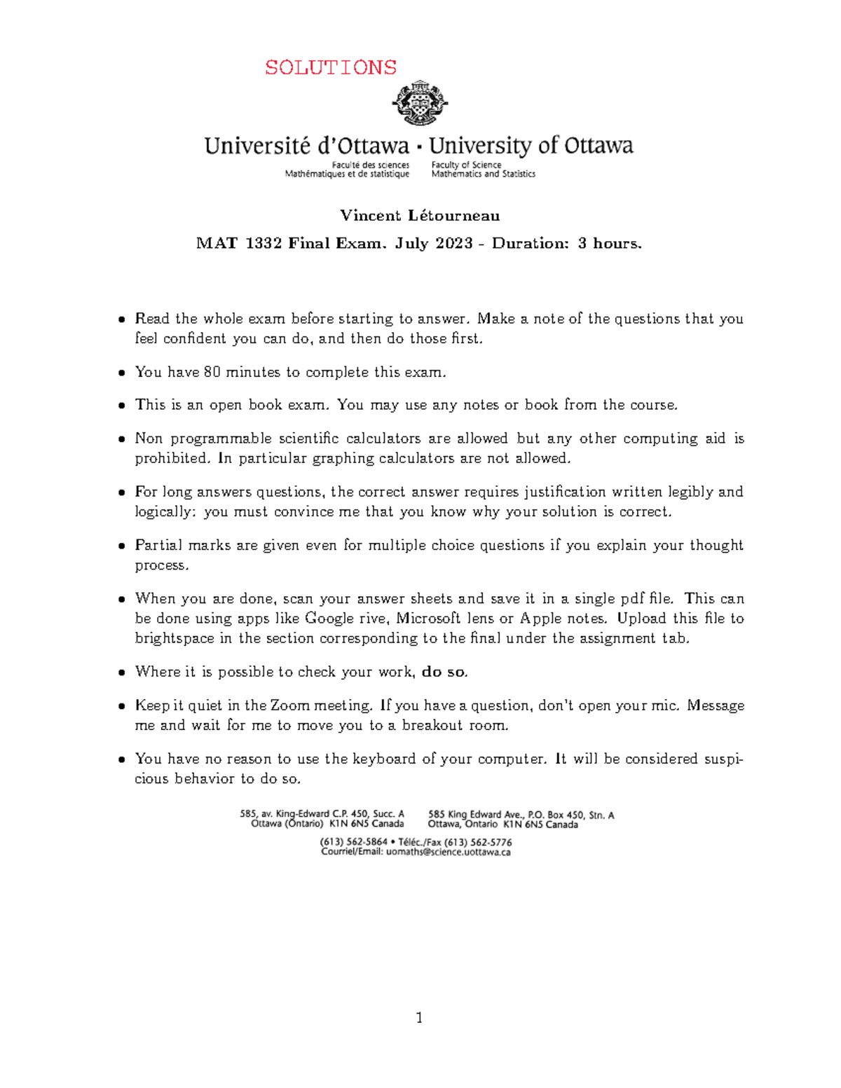 Mat1332summer 2023Final Solution - Vincent L ́etourneau MAT 1332 Final ...