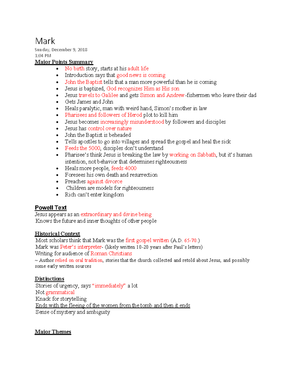 Gospel of Mark Overview - Mark Sunday, December 9, 2018 1:04 PM Major ...