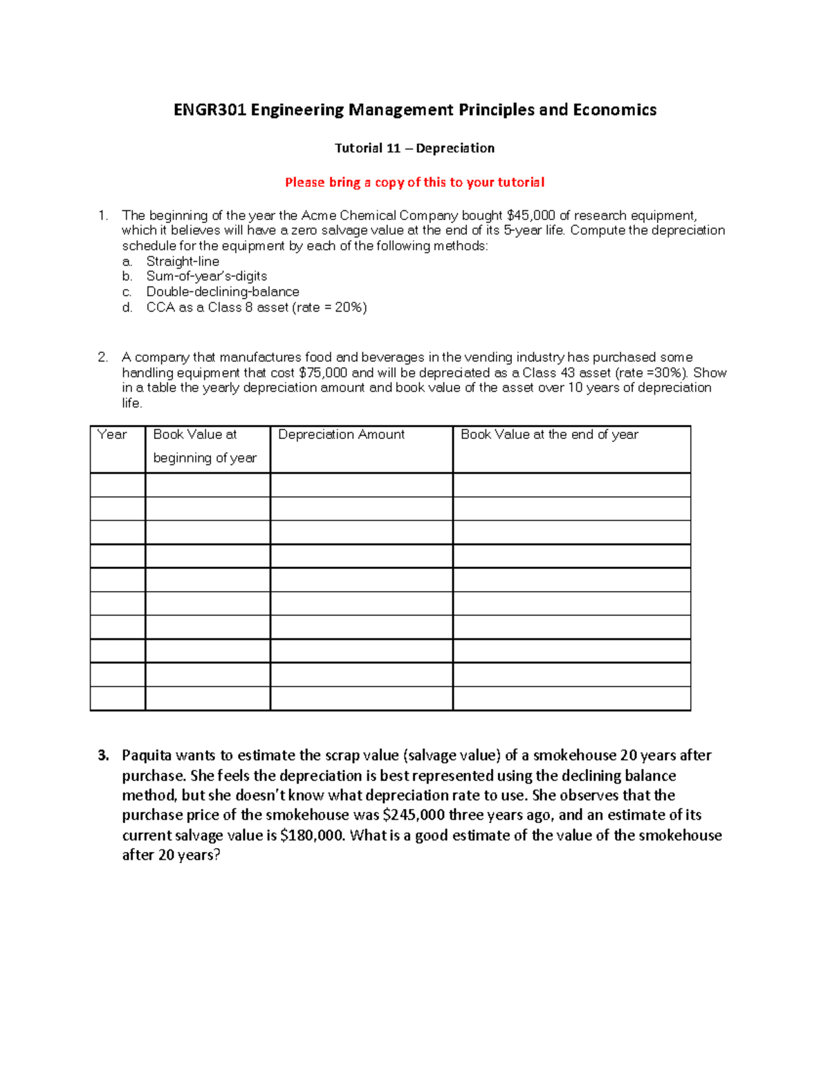 Tut11 Tutorial11 To Be Solved Work For Engr301 Engr301 Engineering Management Principles And 