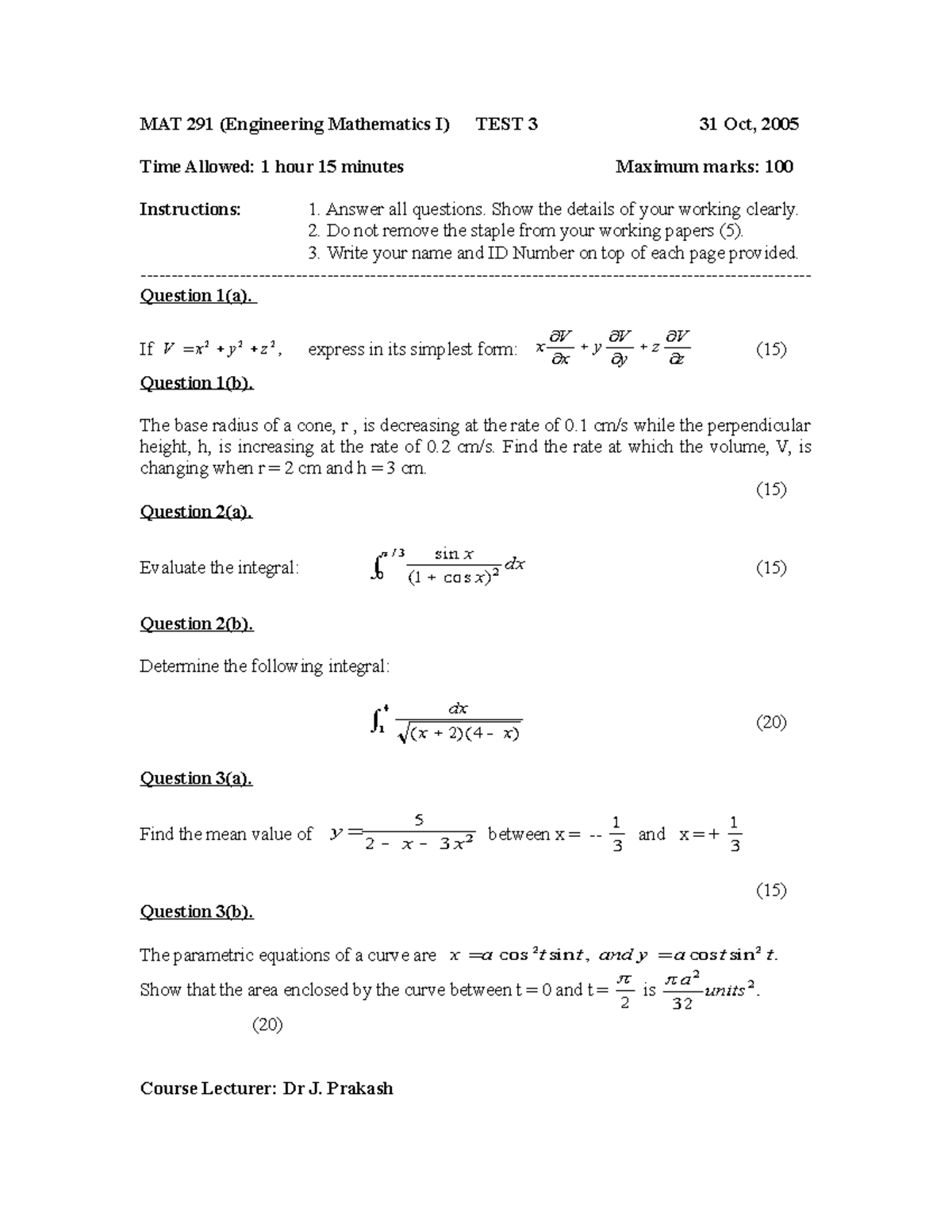 MAT 291(Test 3-2005 ) - examination paper of engineering mathematics ...