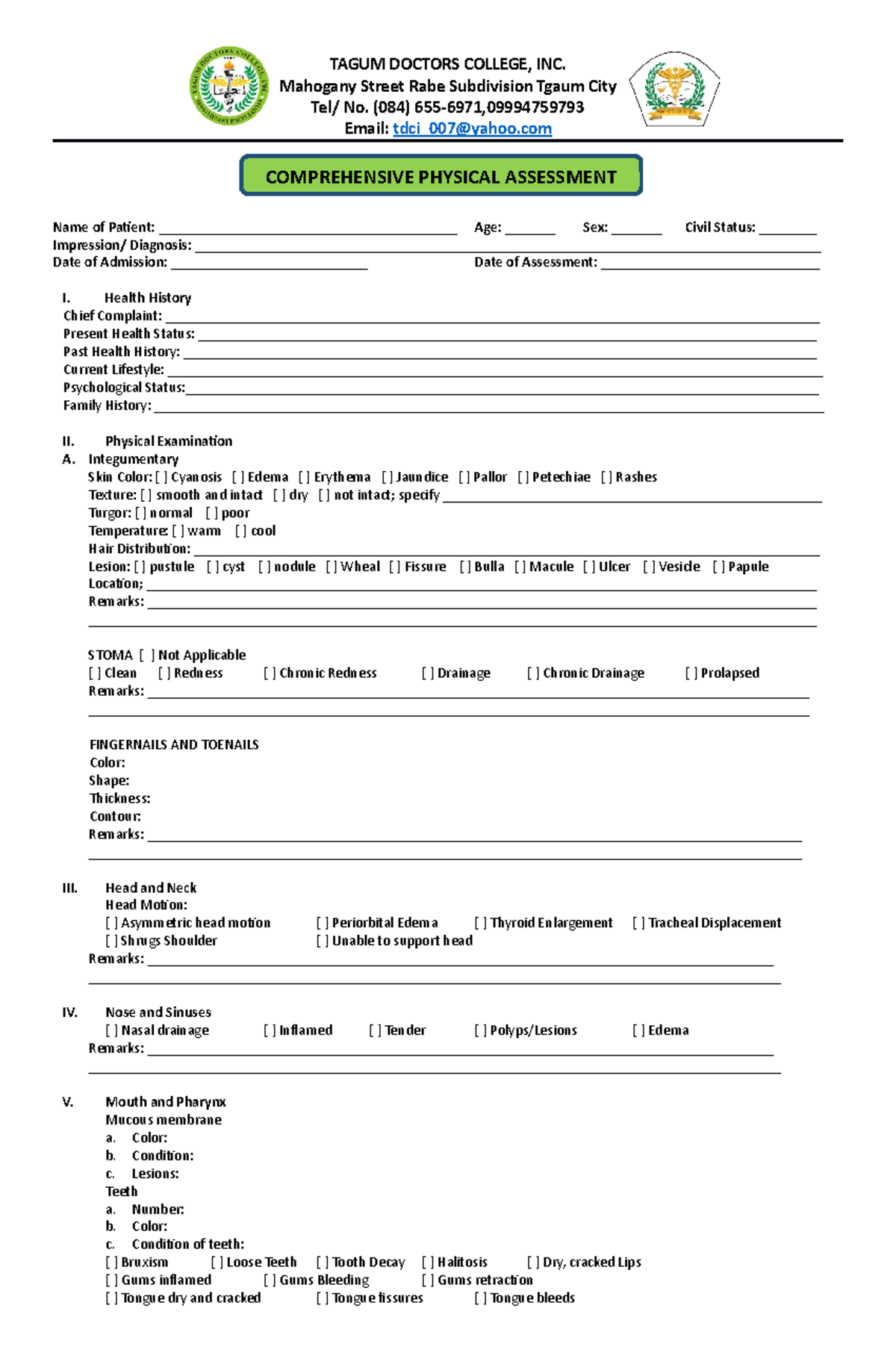 Comprehensive Physical Assessment 1 - TAGUM DOCTORS COLLEGE, INC ...