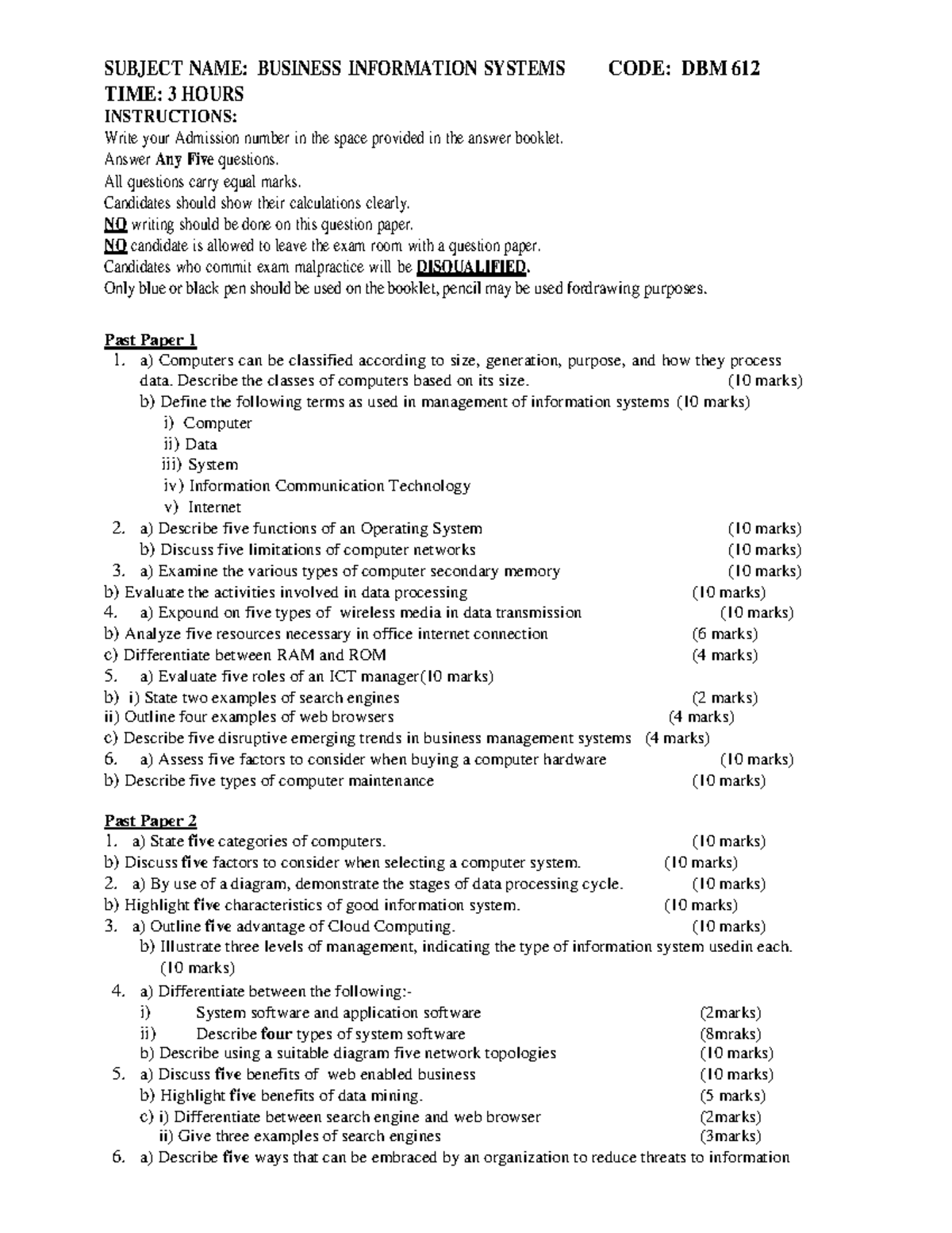 DBM 612 Business Information Systems PAST Papers Final - SUBJECT NAME ...