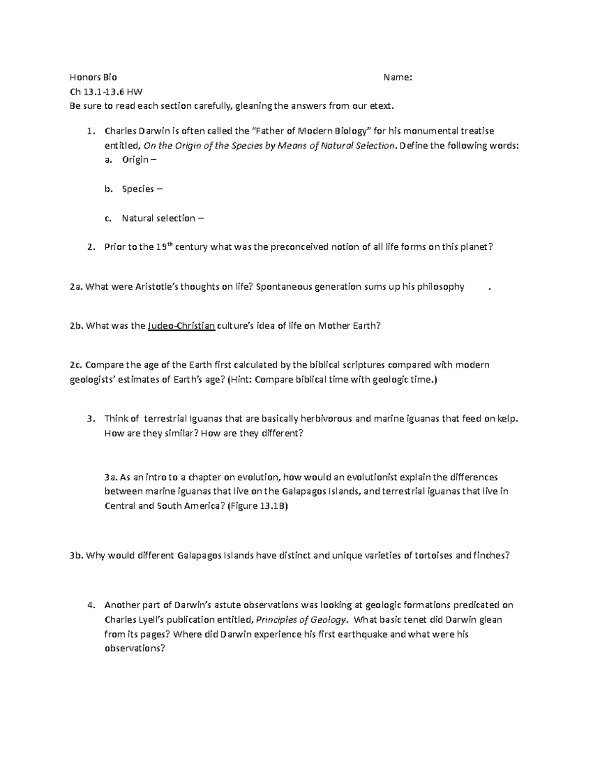 Ch 13.1 wrksht - Honors Bio Name: Ch 13.1-13 HW Be sure to read each ...