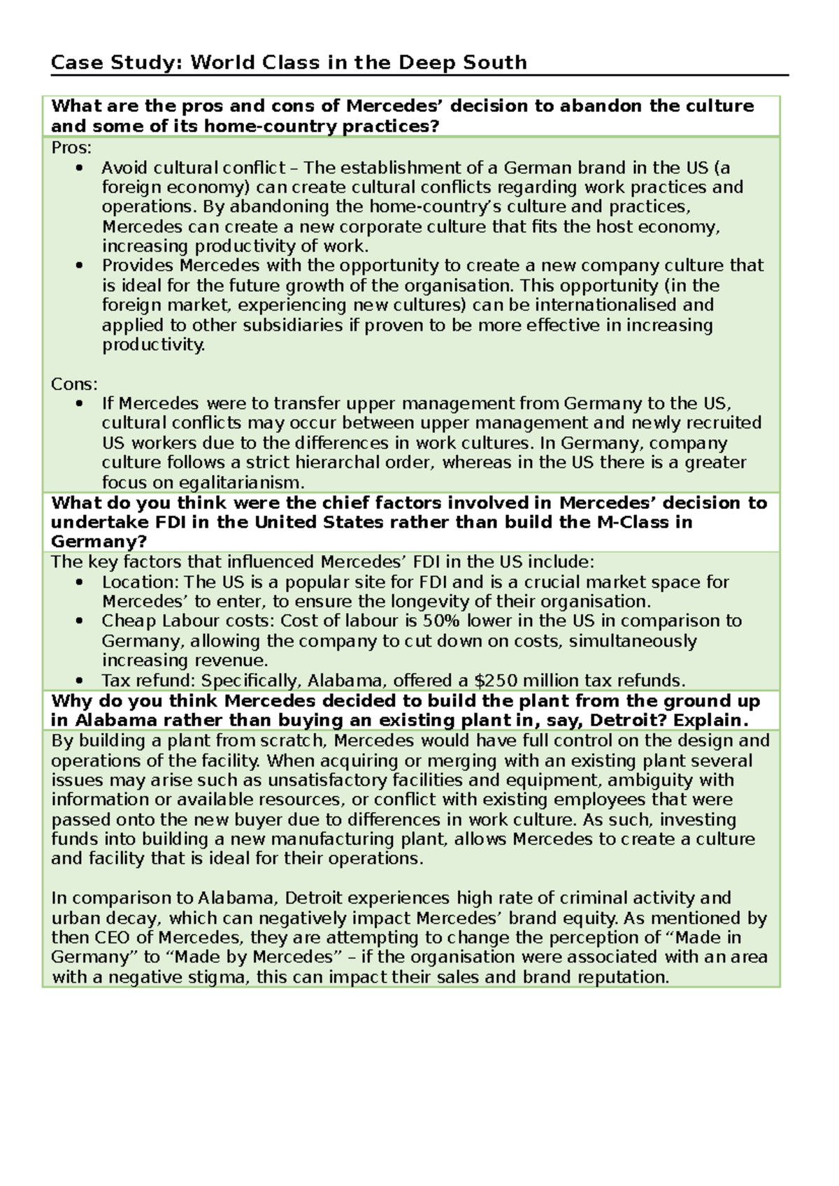 In Class Week 10 Case Study: World Class in the Deep South - MGMT1005 ...