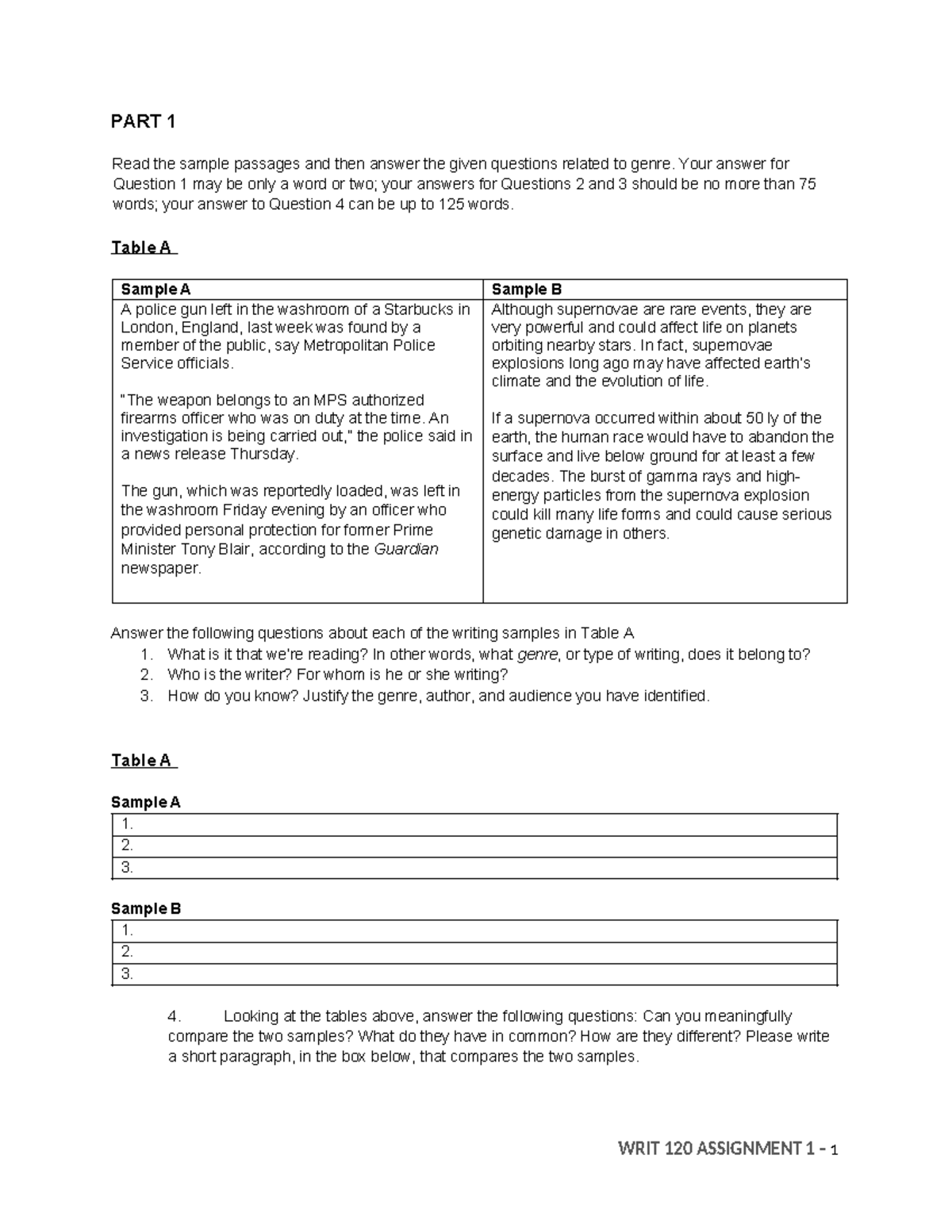WRIT 120 Assignment 1 revised fillable doc - PART 1 Read the sample passages and then answer the ...
