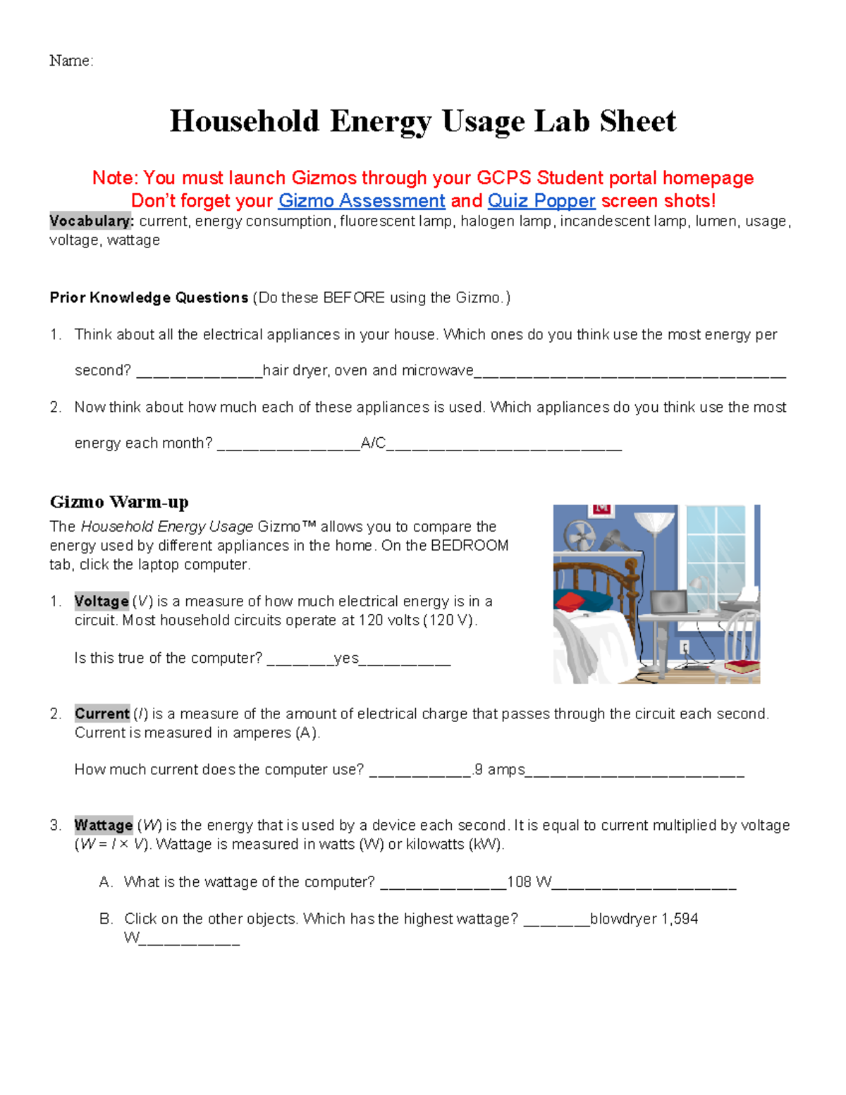 Copy of Household Energy Usage Lab Sheet - Name: Household Energy Usage ...