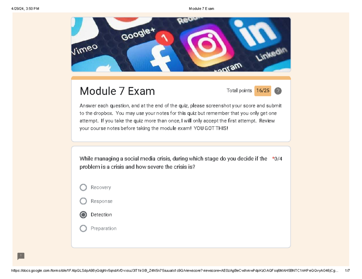 Module 7 Exam - yes - 0/ Recovery Response Detection Preparation Module ...