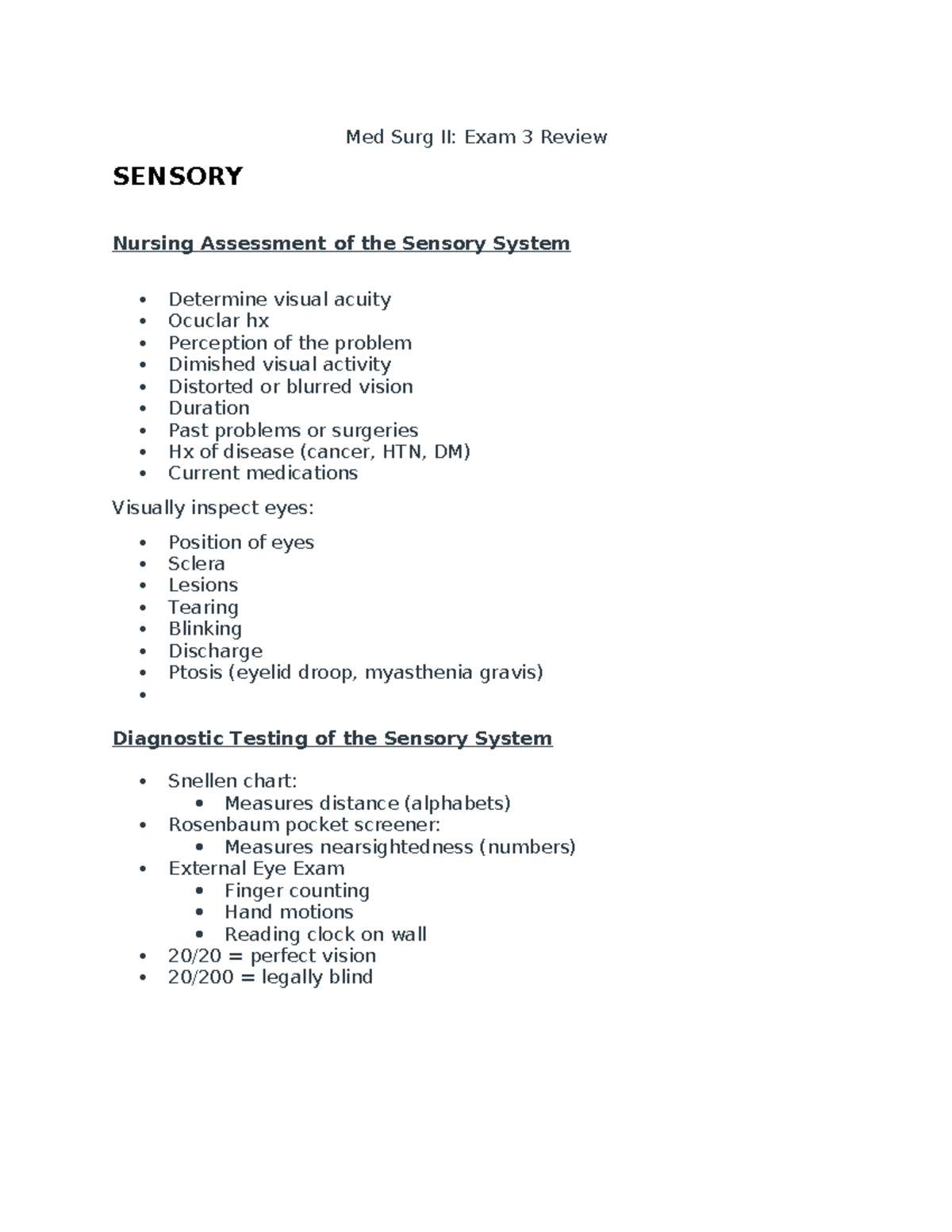 Med Surg II Exam 3 Review - Med Surg II: Exam 3 Review SENSORY Nursing ...