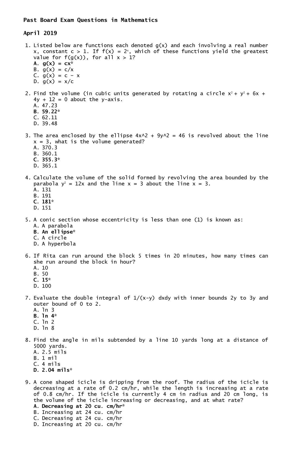 MATH 2019 2022 Past board exam questions in Mathematics 1 - April 2019 ...
