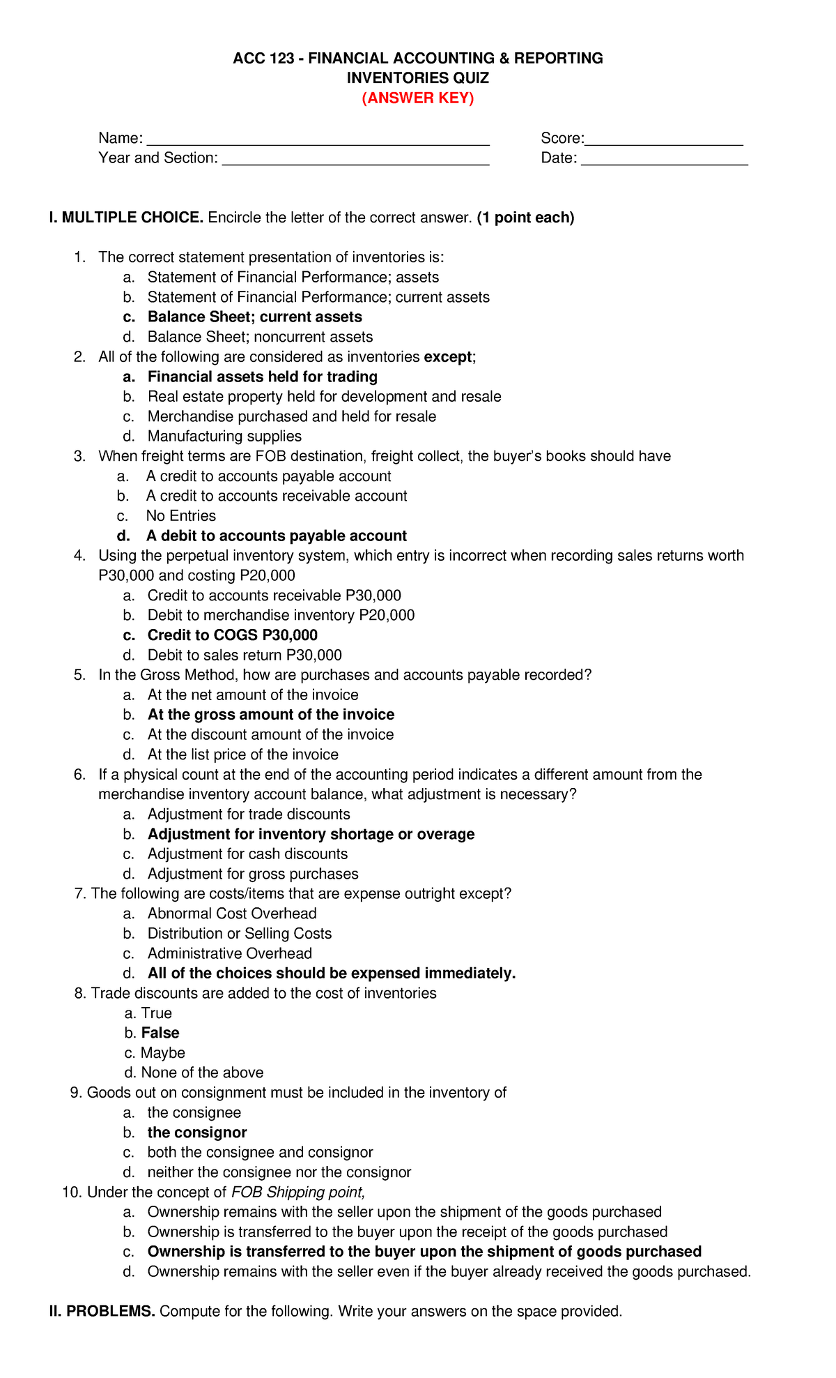 Answer-key - Answer key - ACC 123 - FINANCIAL ACCOUNTING & REPORTING ...
