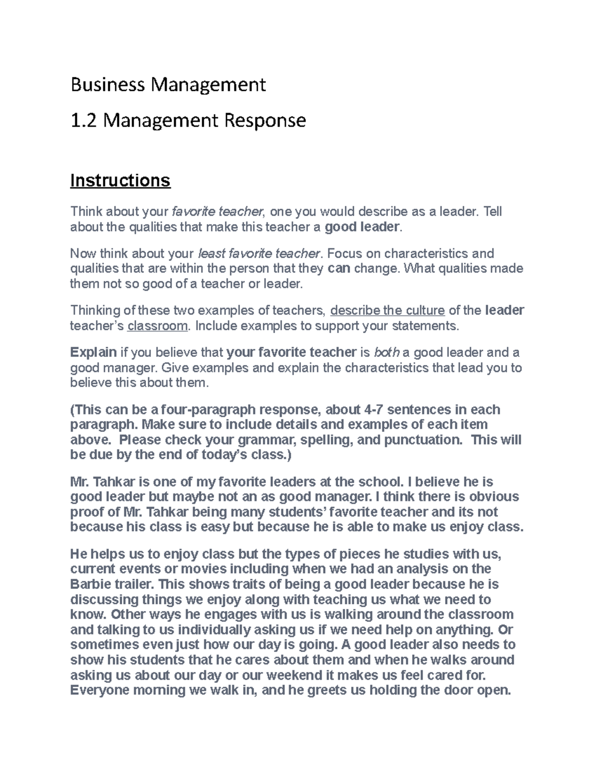 1.2 Management Response - Business Management 1 Management Response ...