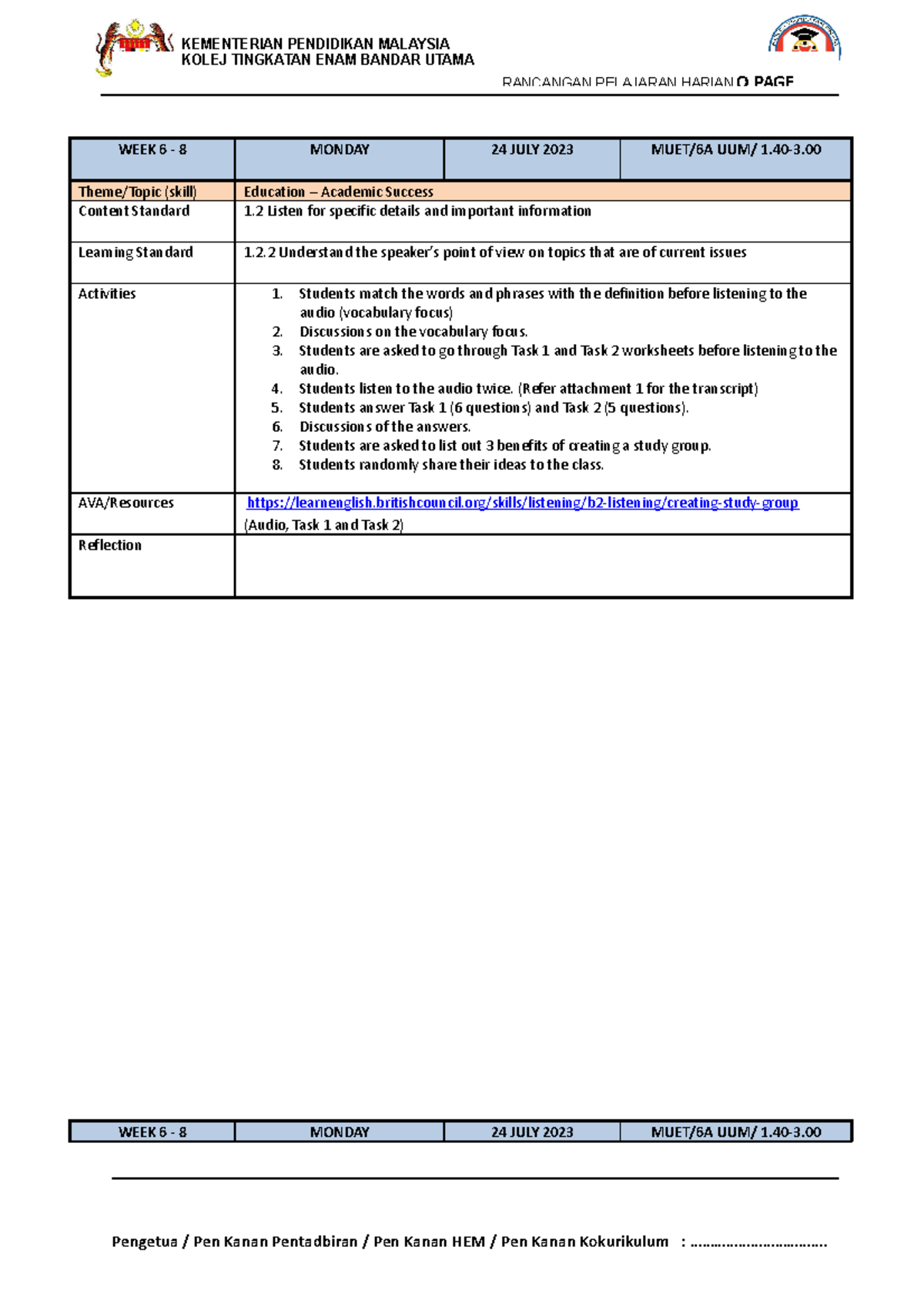 Lesson plan example - WEEK 6 - 8 MONDAY 24 JULY 2023 MUET/6A UUM/ 1-3 ...