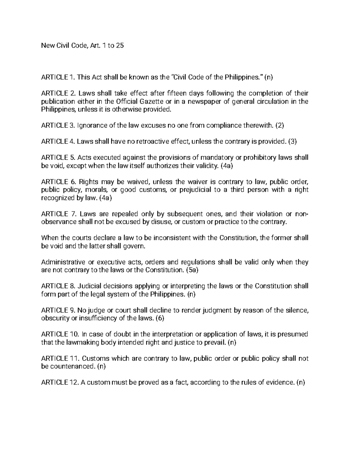 New Civil Code, Art. 1 to 25 - New Civil Code, Art. 1 to 25 ARTICLE 1 ...