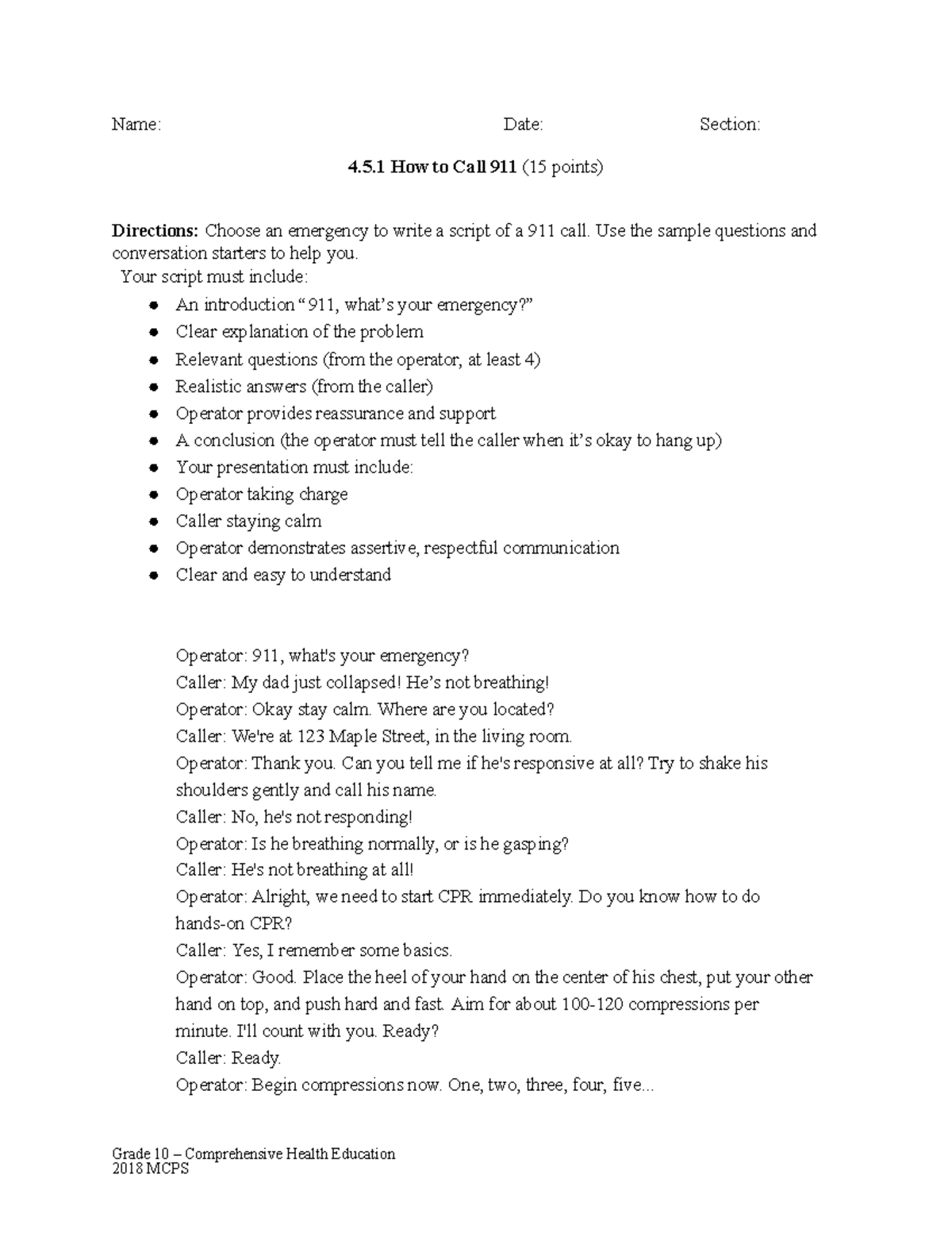 4 - Healthdd - Name: Date: Section: 4.5 How to Call 911 (15 points ...